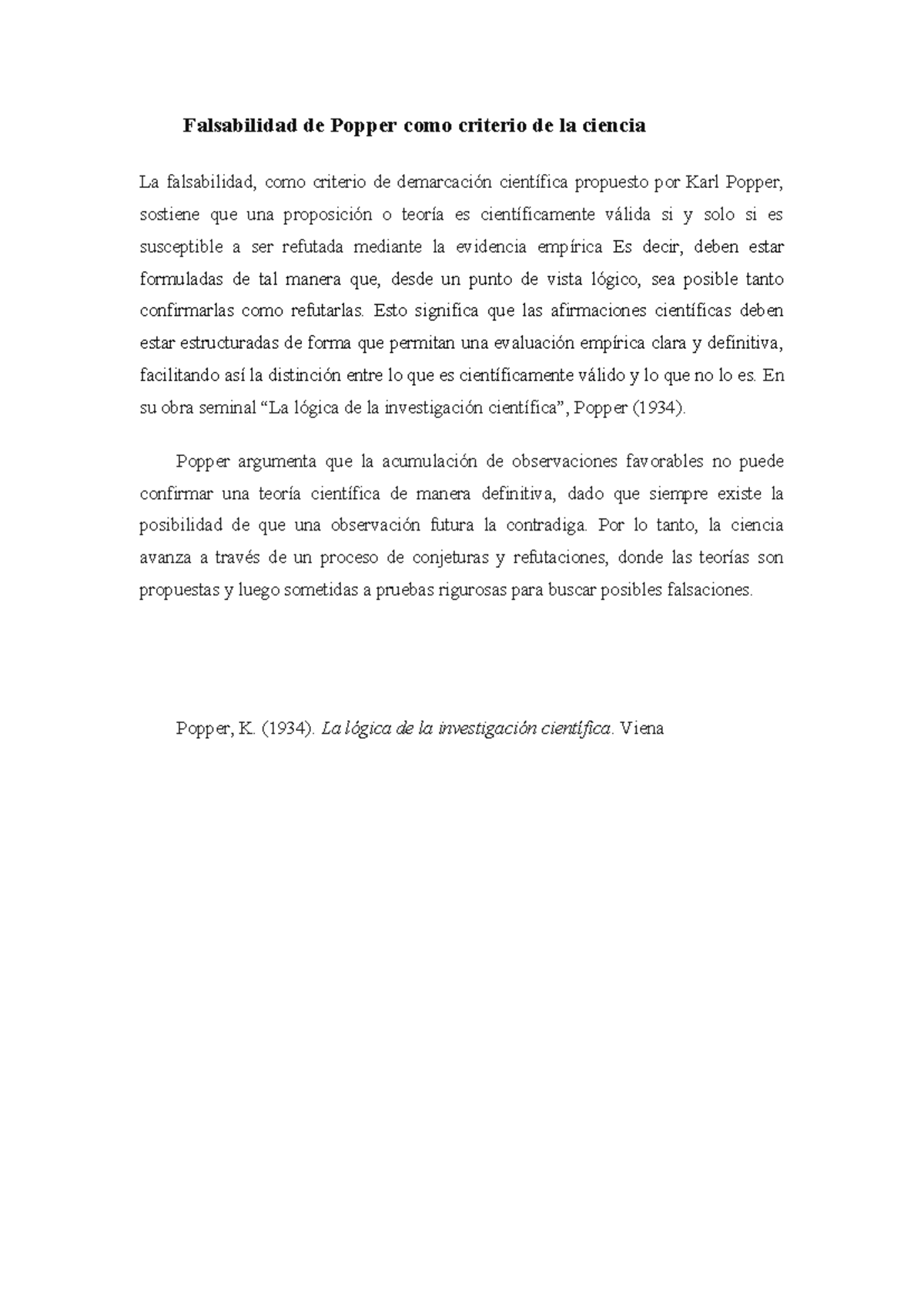 Falsabilidad de Popper como criterio de la ciencia - Esto significa que ...