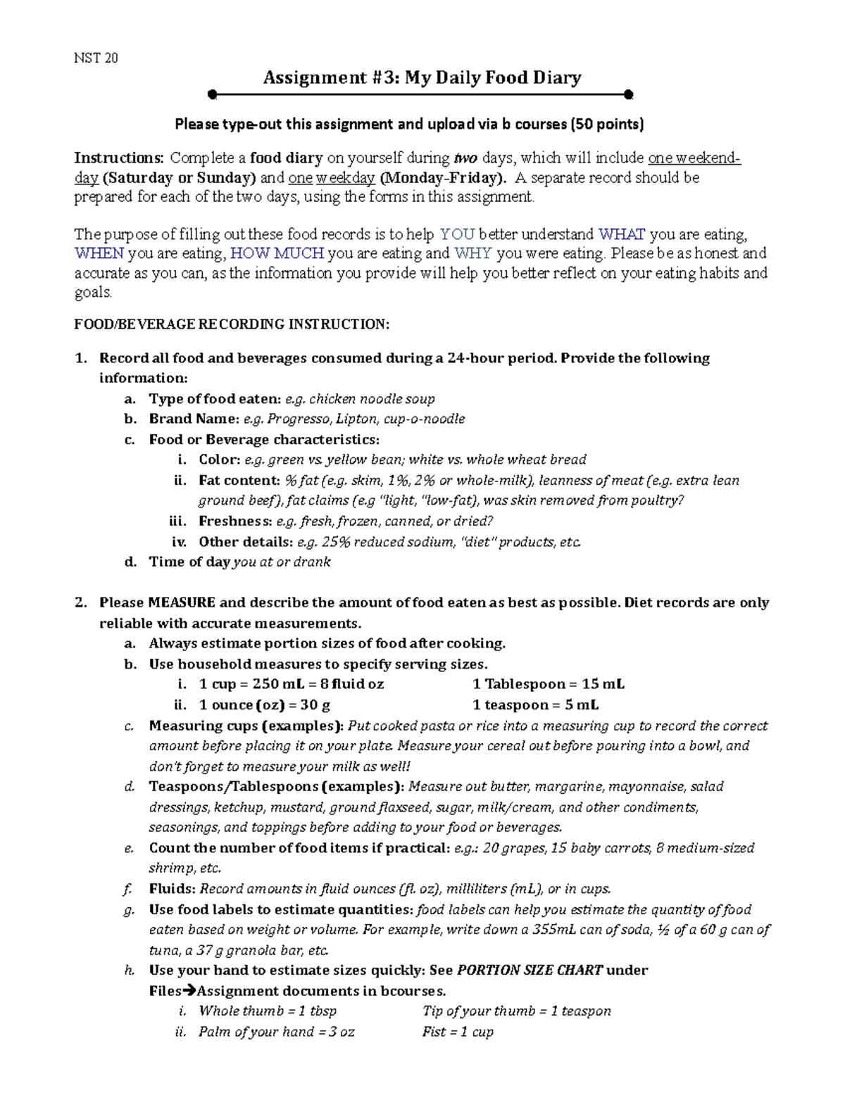 A3 My Daily Food Diary - NST 20 Assignment #3: My Daily Food Diary ...