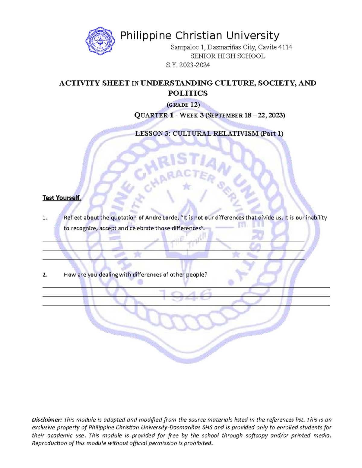 UCSP Activity Sheet WK 3 - Philippine Christian University Sampaloc 1 ...