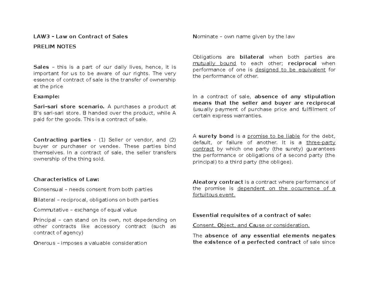 LAW3 Notes - LAW3 – Law on Contract of Sales PRELIM NOTES Sales – this ...