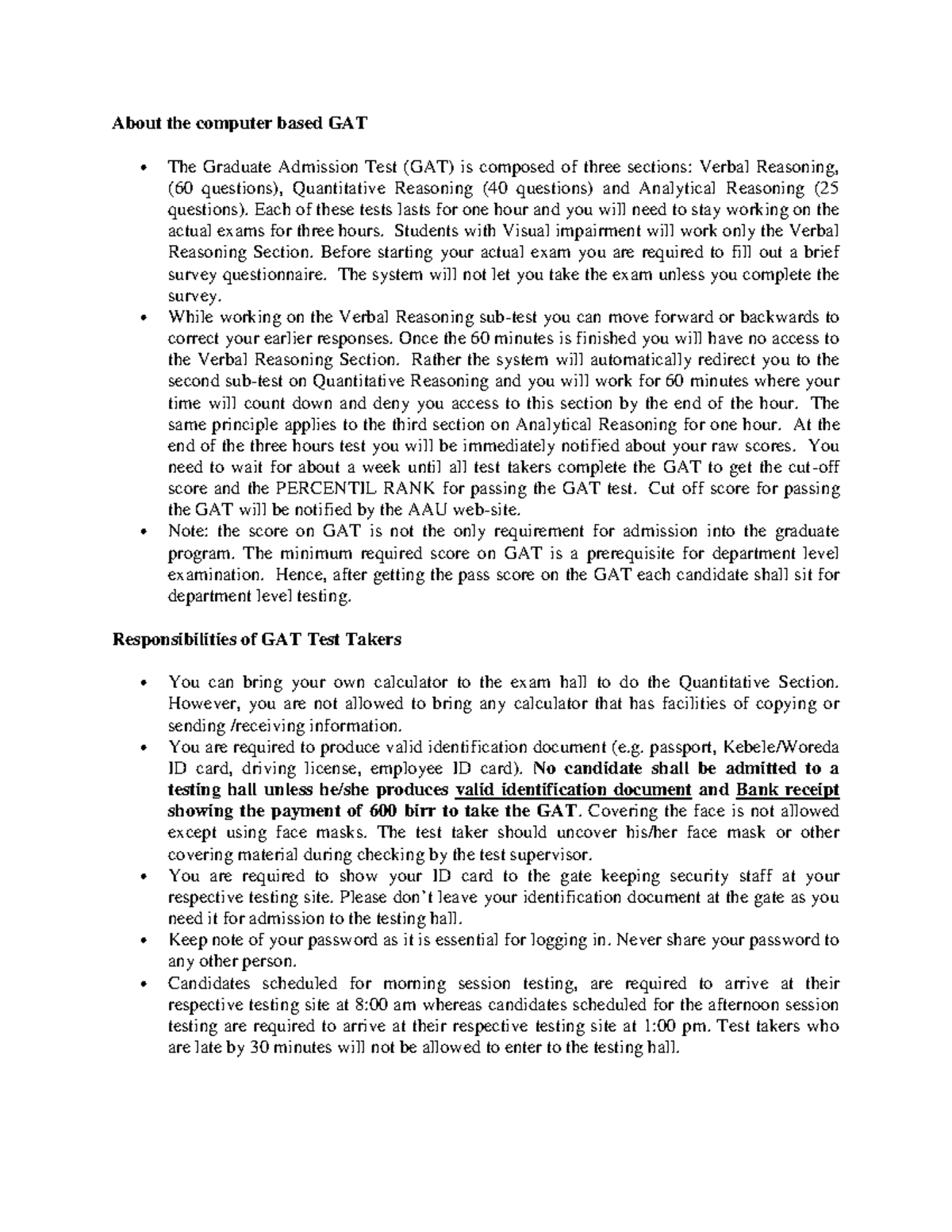 GAT Exam Directive - Best practice - About the computer based GAT The ...