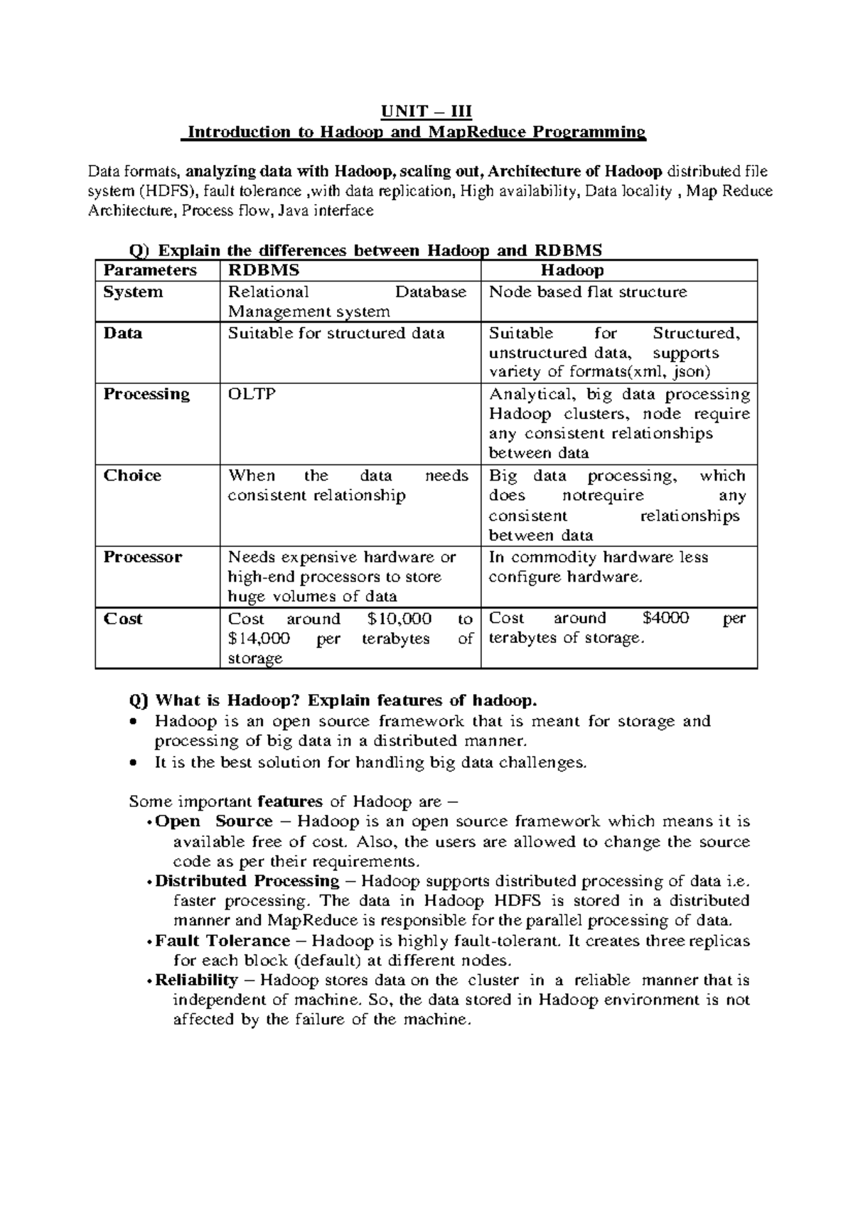 UNIT-3 Part A - M.Tech I Sem - UNIT – III Introduction to Hadoop and MapReduce Programming Data ...
