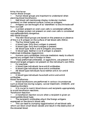 Blood; summary - simplified notes - BIOLOGY: BLOOD Blood is a vital ...