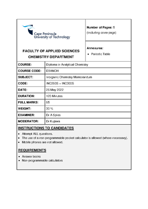 INC260S Experiment 2B - INORGANIC CHEMISTRY 2 (INC260S) EXPERIMENT 2B Preparation of the - Studocu
