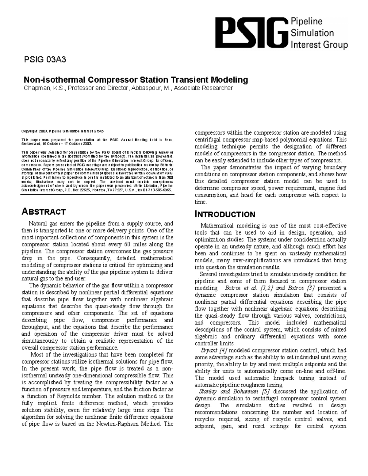 Compressor Station Transient Modeling - Copyright 2003, Pipeline ...