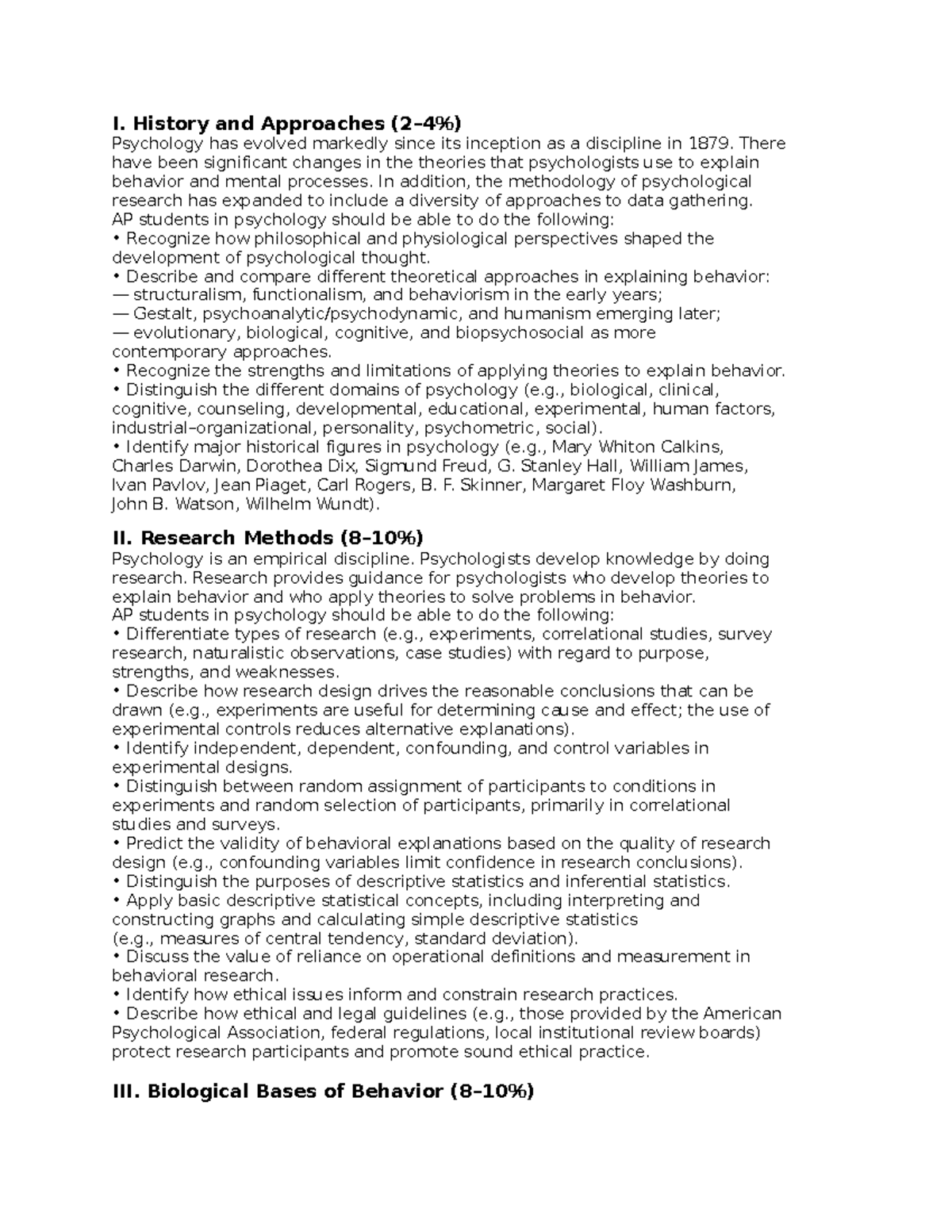 Ap+psych+standards - wqwqdacas - I. History and Approaches (2–4% ...