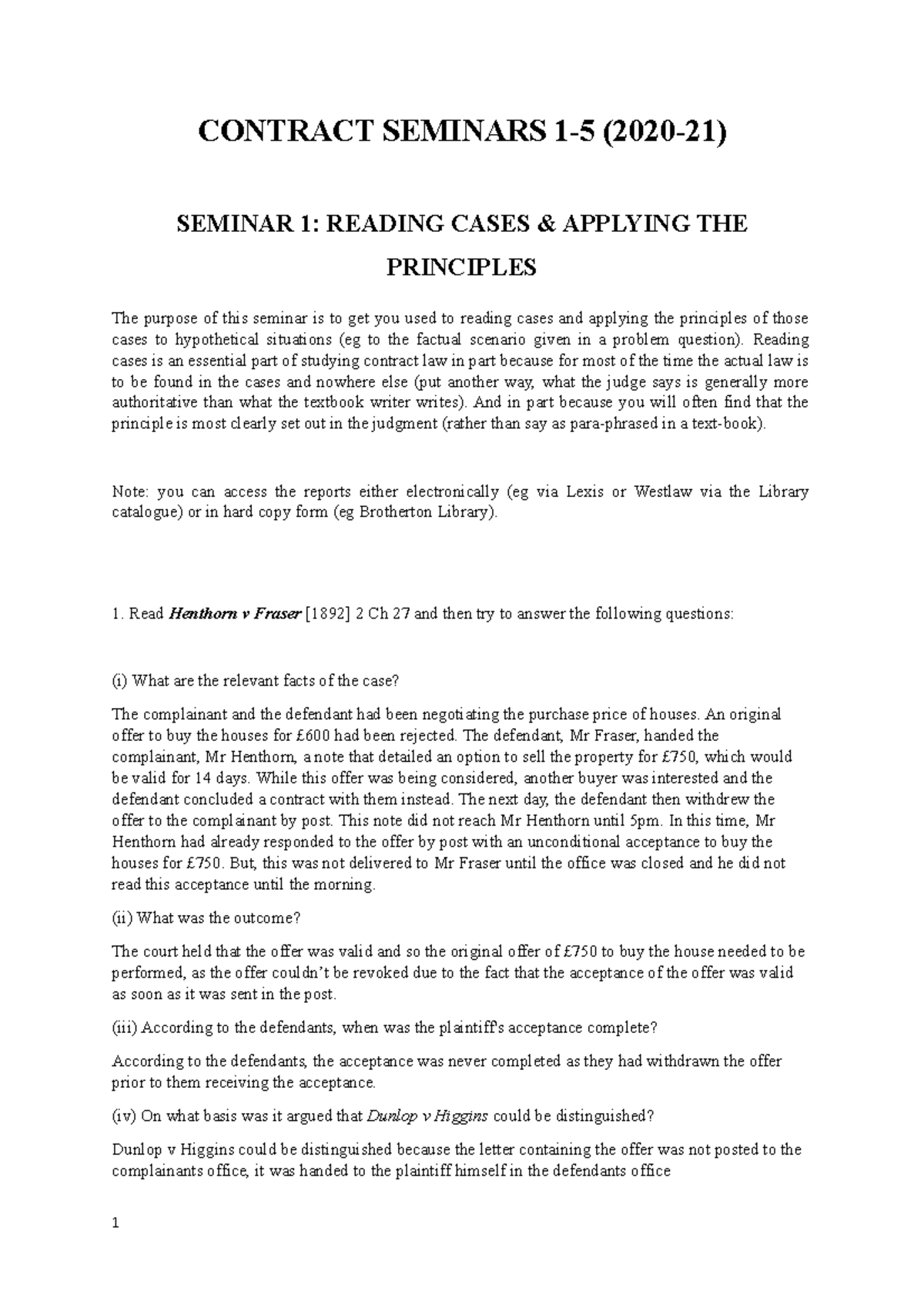 Contract 2021 Seminar Handout - CONTRACT SEMINARS 1-5 (2020-21) SEMINAR ...