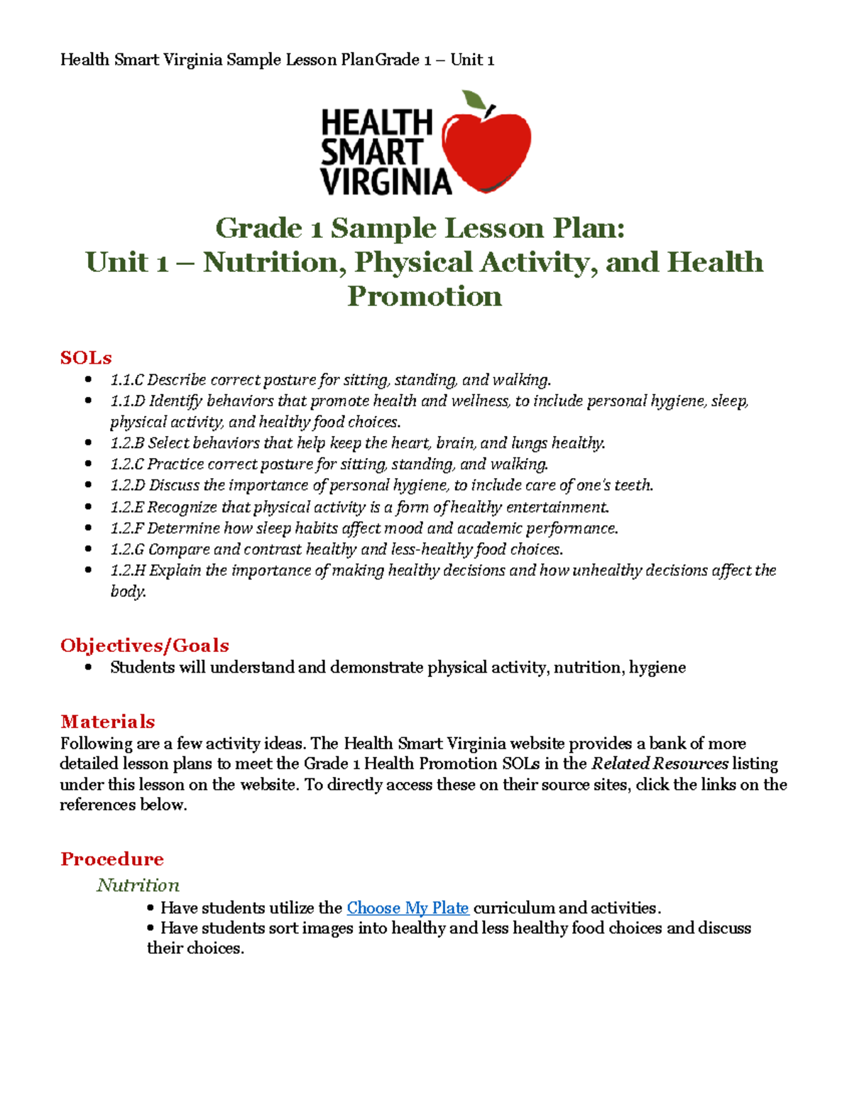 Grade 1 Teacher Guide - Grade 1 Sample Lesson Plan: Unit 1 – Nutrition ...