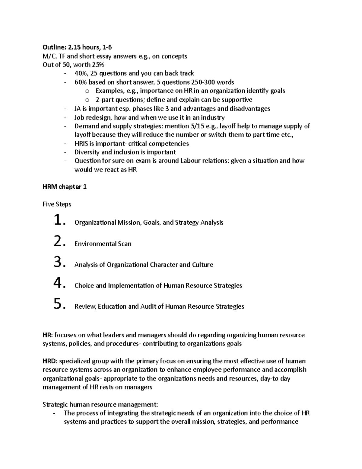 HRM midterm notes - Outline: 2 hours, 1- M/C, TF and short essay ...