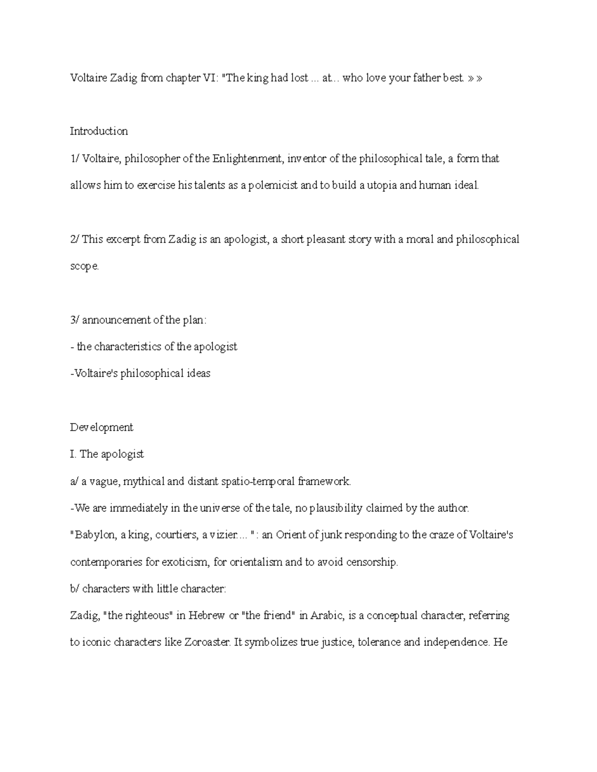 Literary Commentary Plan Zadig Voltaire - Voltaire Zadig from chapter ...