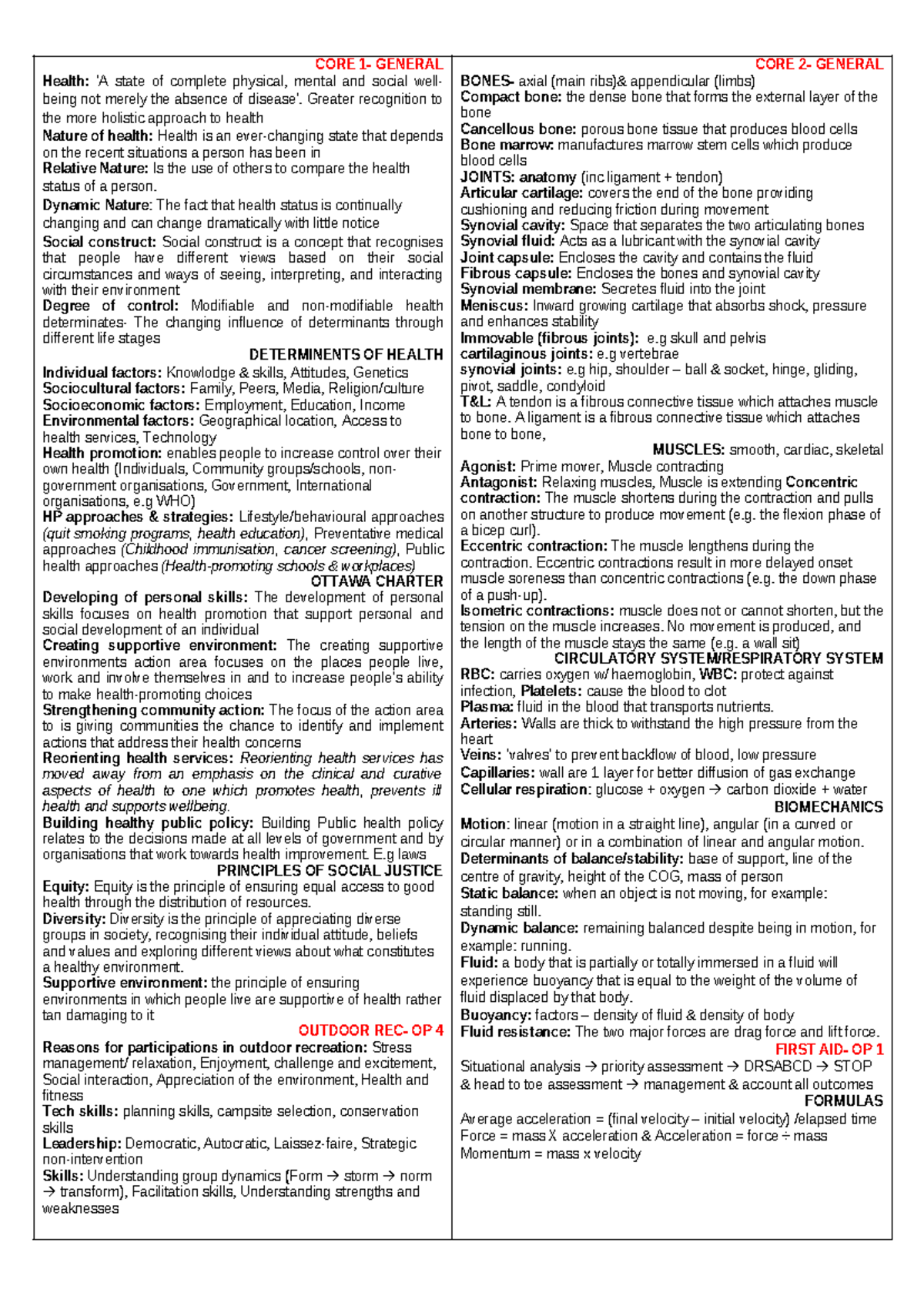 Pdhpe yearly cheat sheet - CORE 1- GENERAL Health: 'A state of complete ...