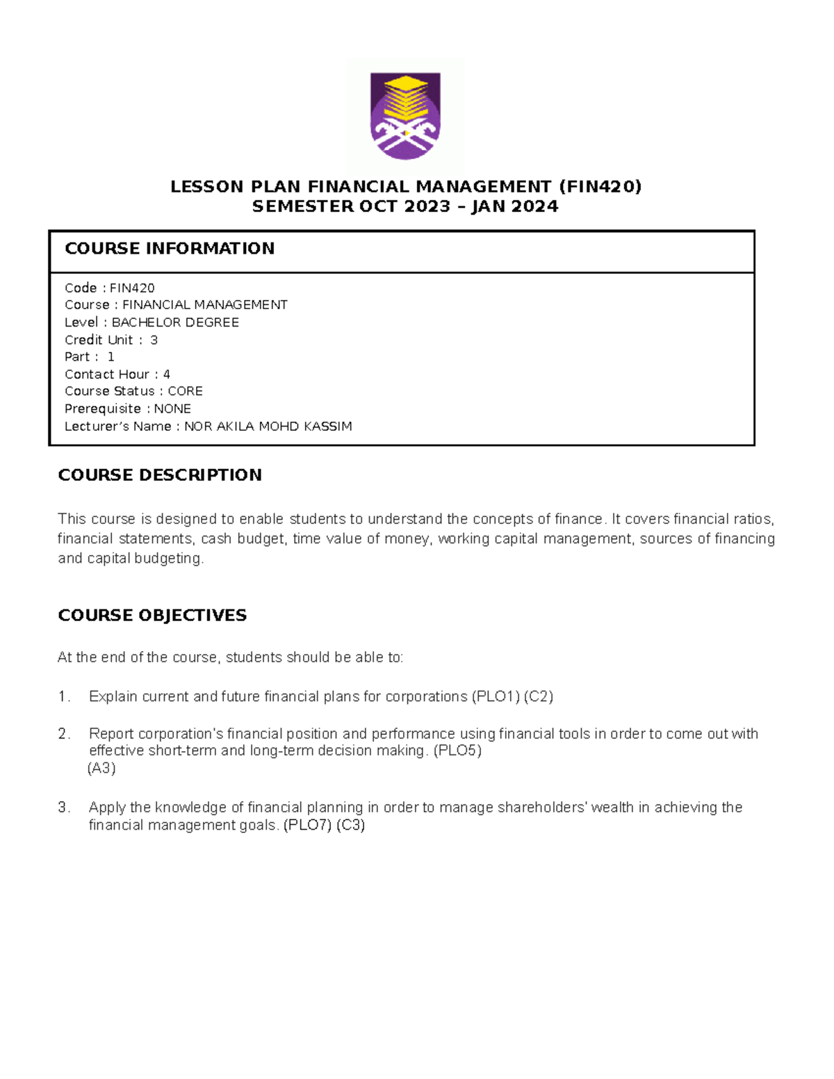 Lesson PLAN FIN420 - LESSON PLAN FINANCIAL MANAGEMENT (FIN420) SEMESTER ...