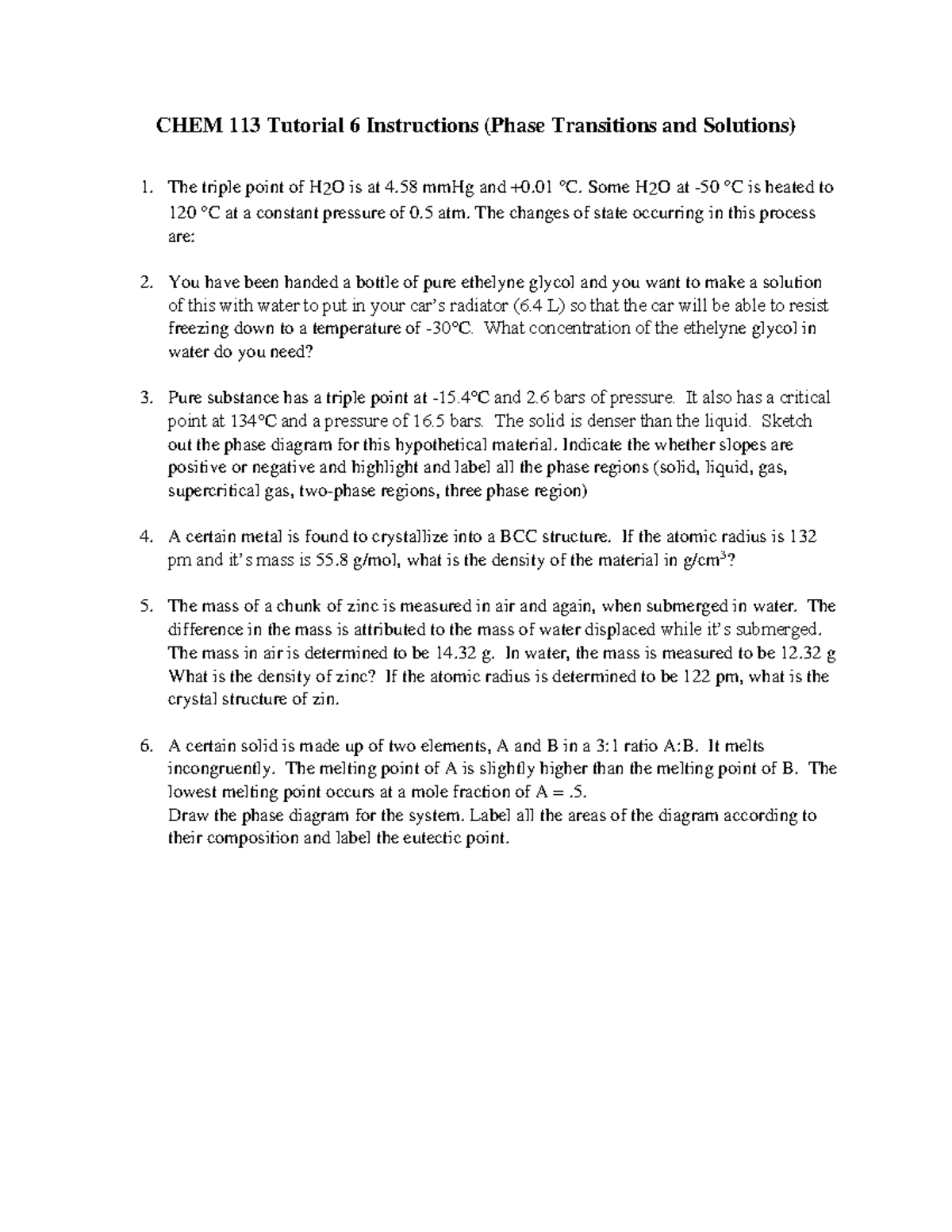 CHEM113 Tutorial - CHEM 113 Tutorial 6 Instructions (Phase Transitions ...