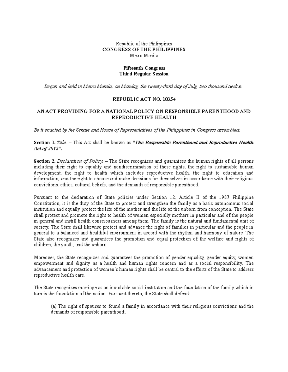 RA 10354 RH Law - Republic of the Philippines CONGRESS OF THE ...