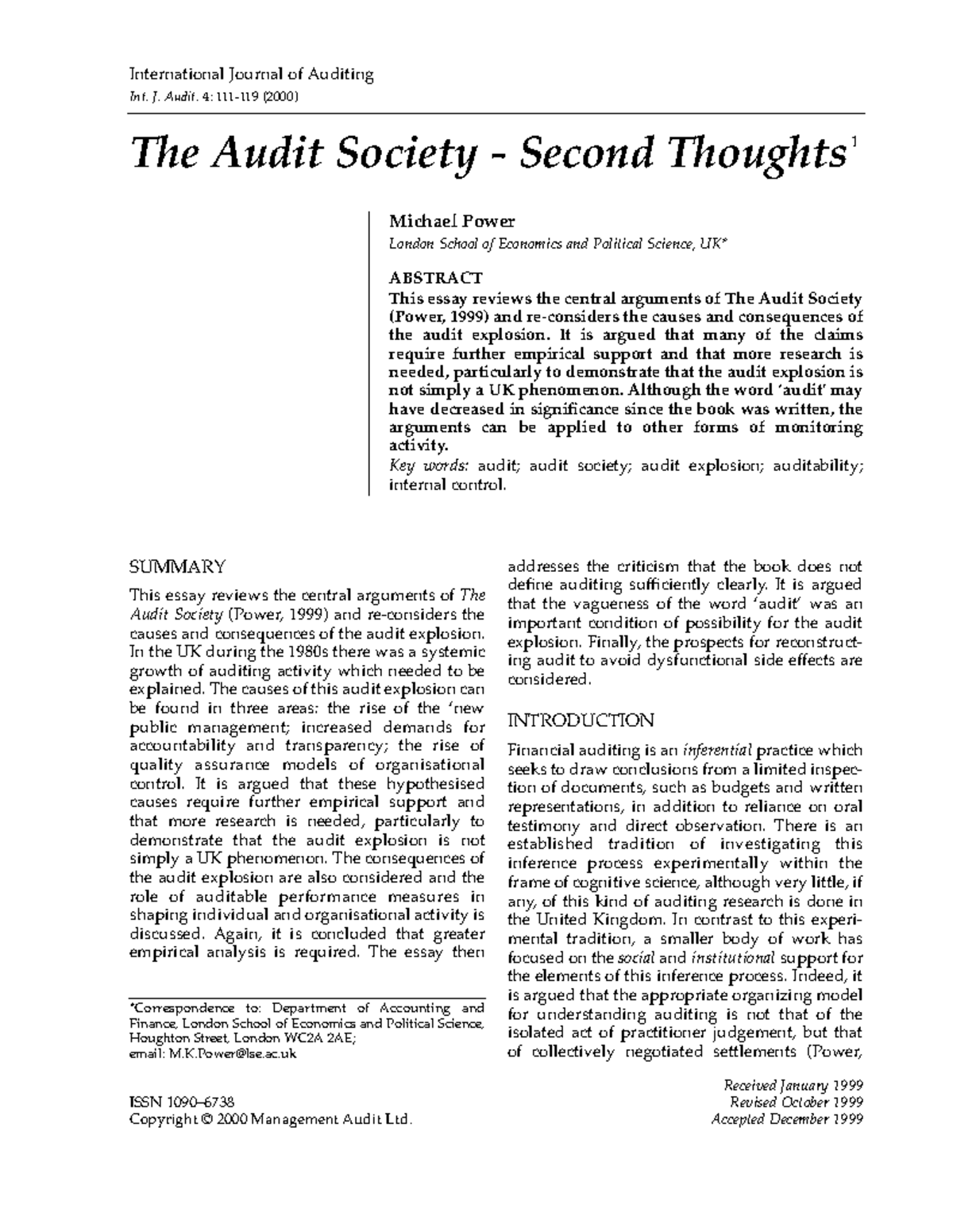 Int J Auditing - 2003 - Power - The Audit Society Second Thoughts ...
