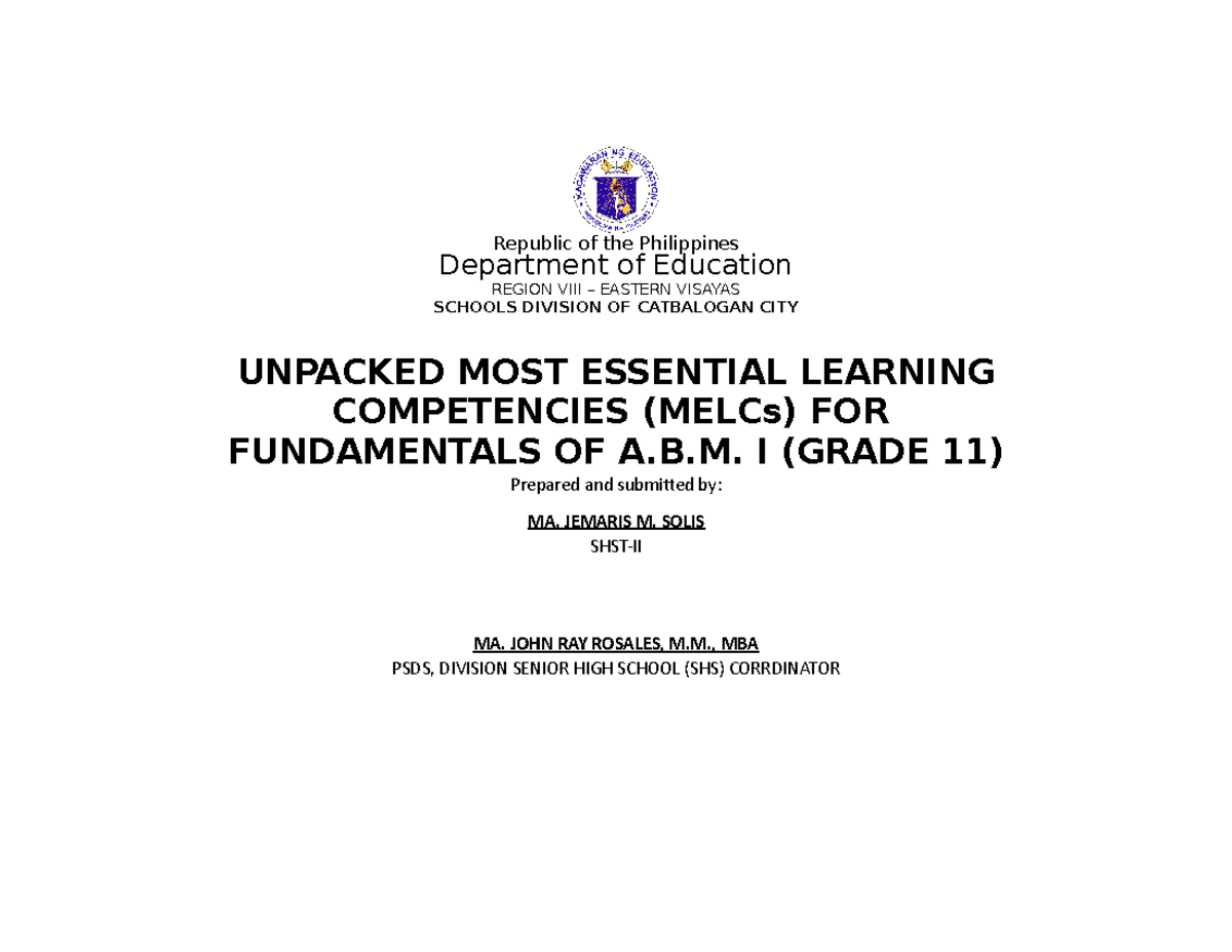Unpacking Melcs - Republic of the Philippines Department of Education ...