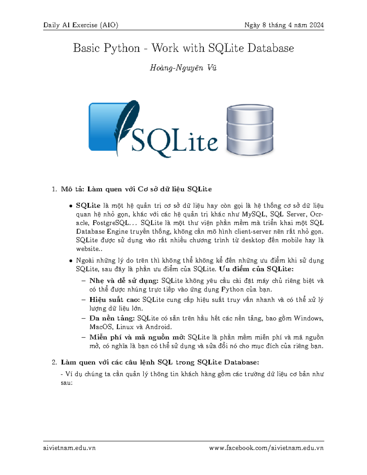 Day 35 Sqlite Goddddddddddddd Basic Python Work With Sqlite Database Hoàng Nguyên Vũ 1 Mô