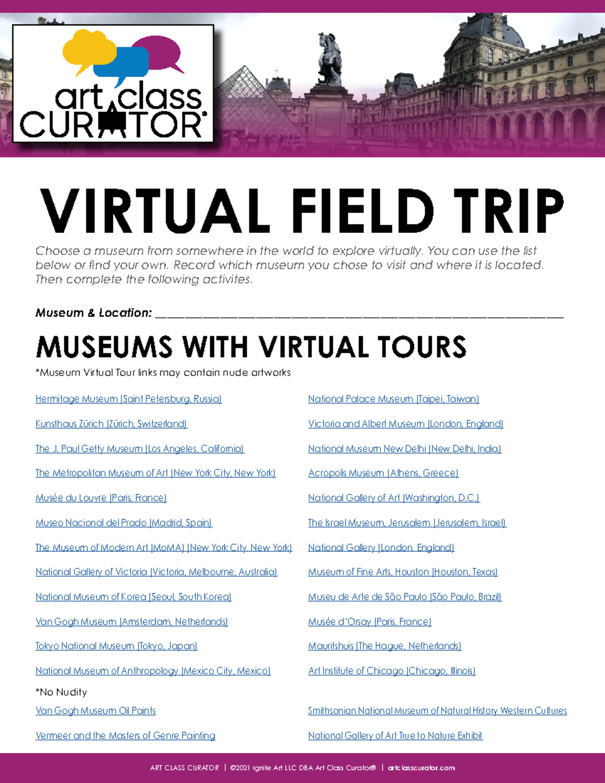 Art Class Curator-Virtual Field Trip - VIRTUAL FIELD TRIP Choose a ...