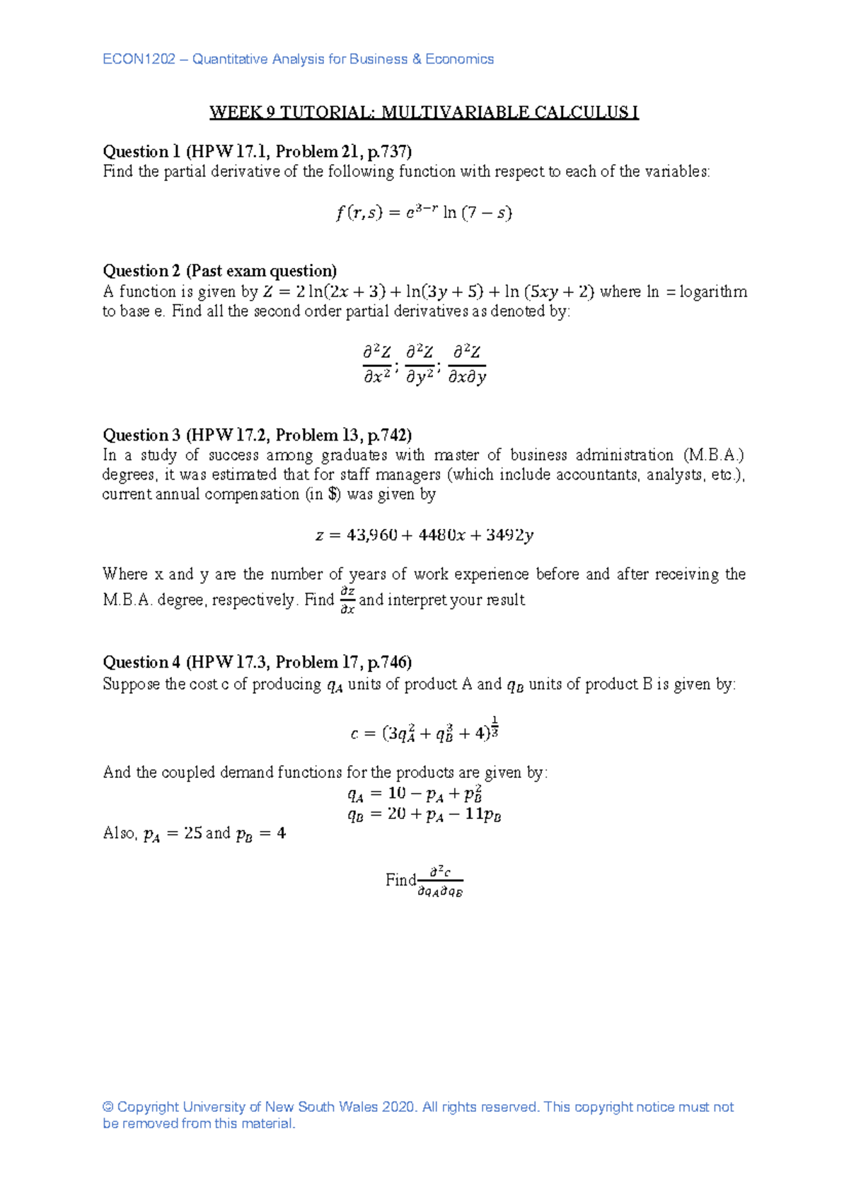 Week 9 Tutorial Questions Econ1202 Quantitative Analysis For