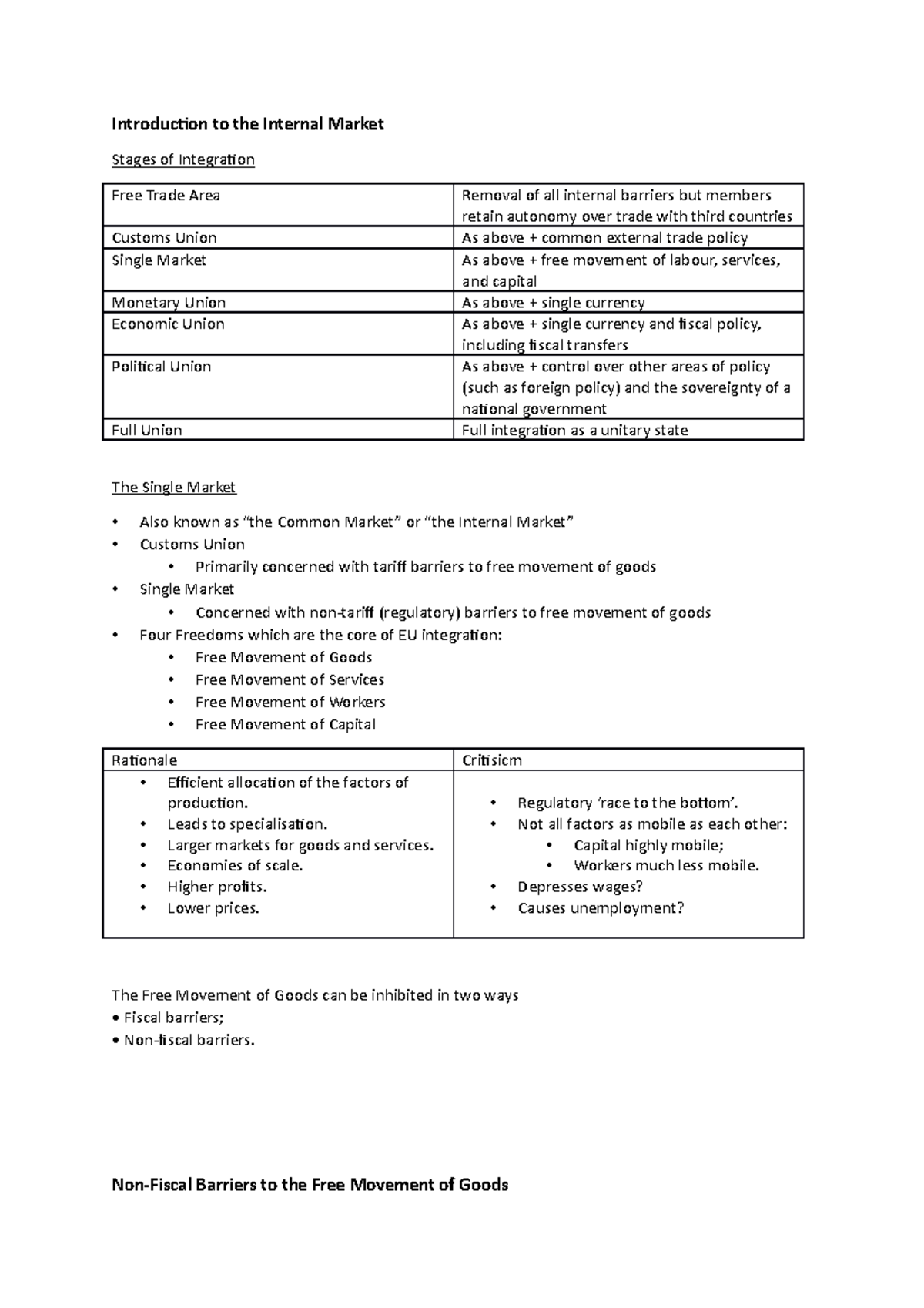Free Movement of Goods - Introduction to the Internal Market Stages of ...