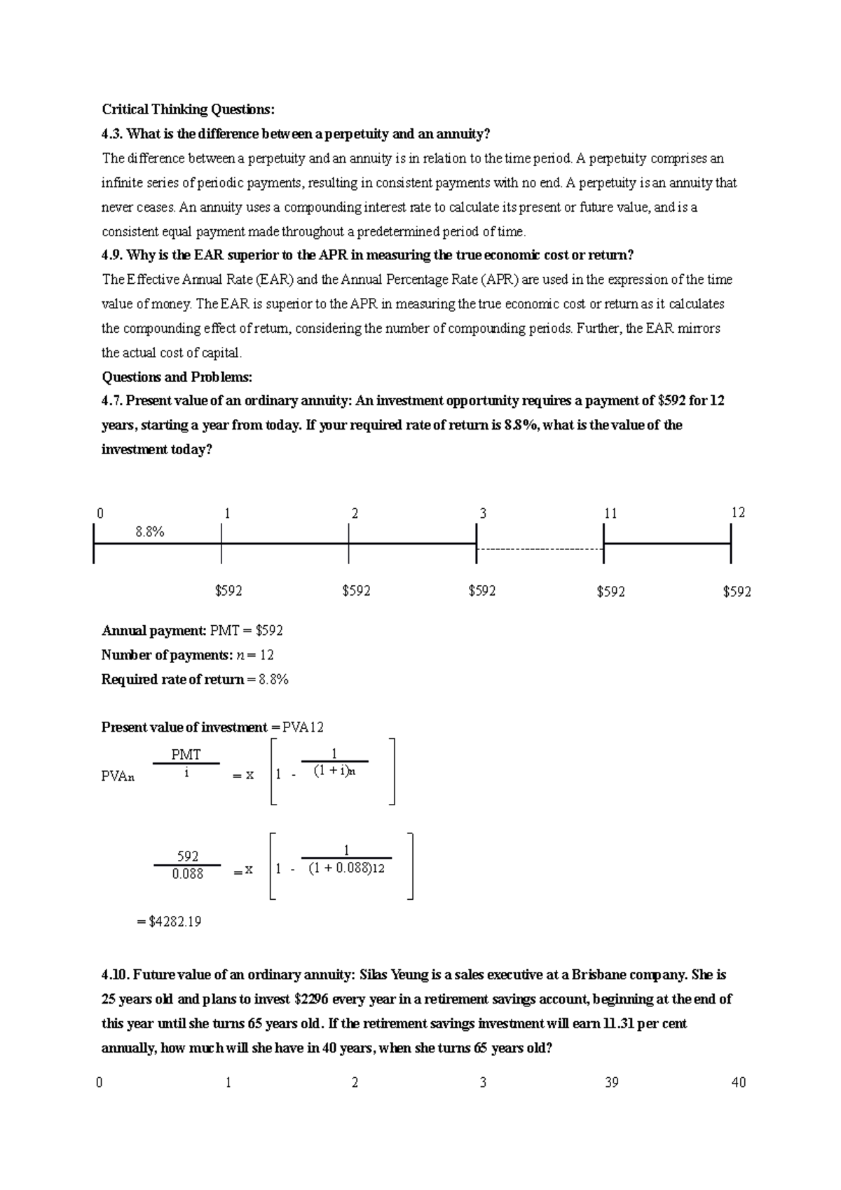 FIN111 Week 5 - Homework - Critical Thinking Questions: 4. What is the ...