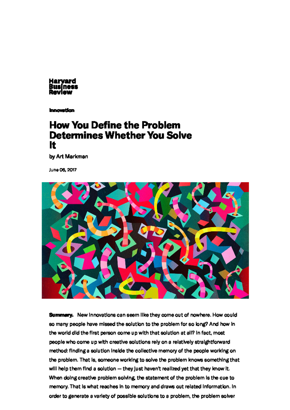 HBR How You Define the Problem Determines Whether You Solve It (Article ...