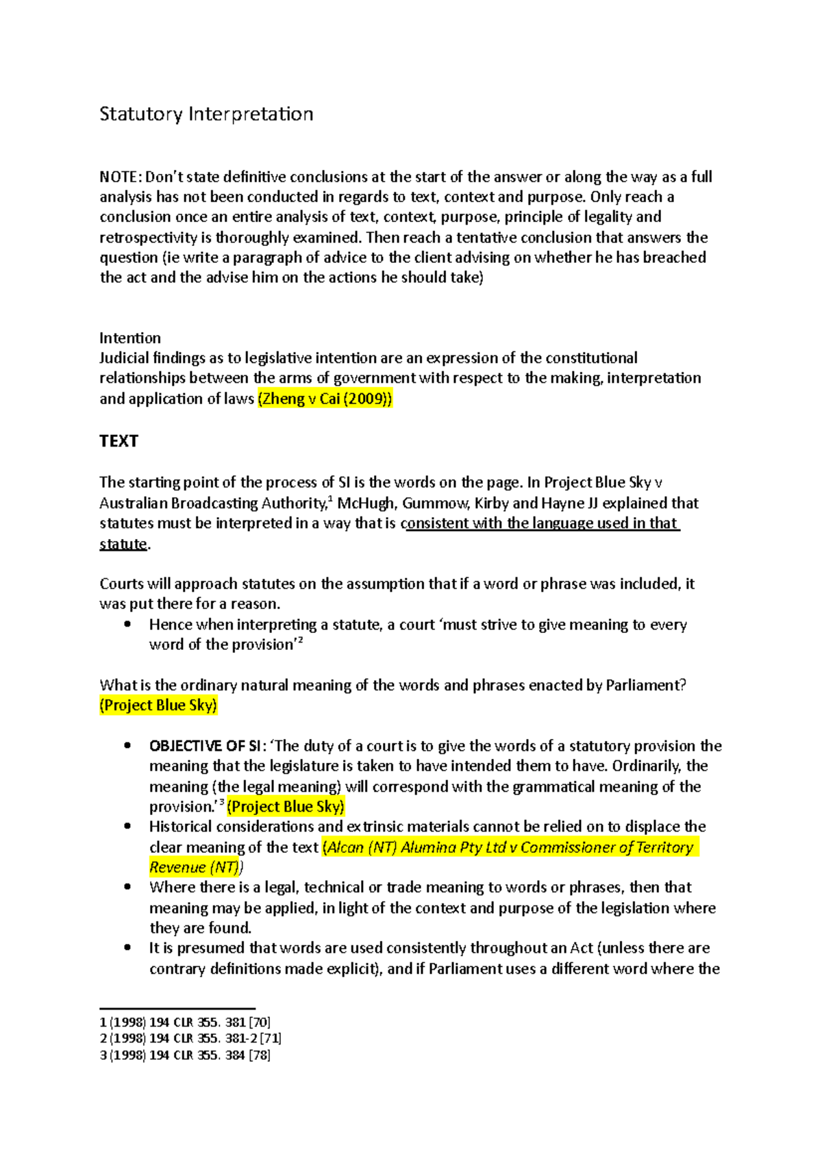 Statutory Interpretation Notes - JURD7141 - UNSW Sydney - Studocu