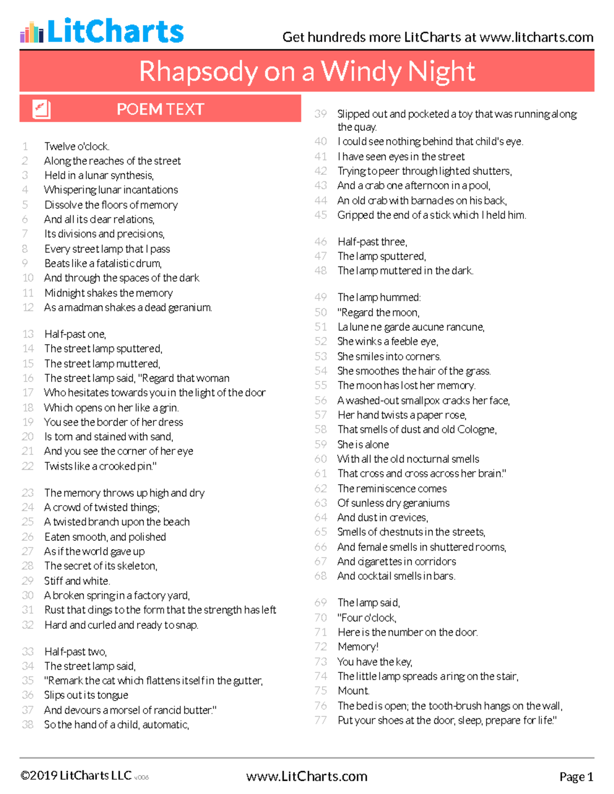 Rhapsody on a Windy Night - 2 Along the reaches of the street 3 Held in ...