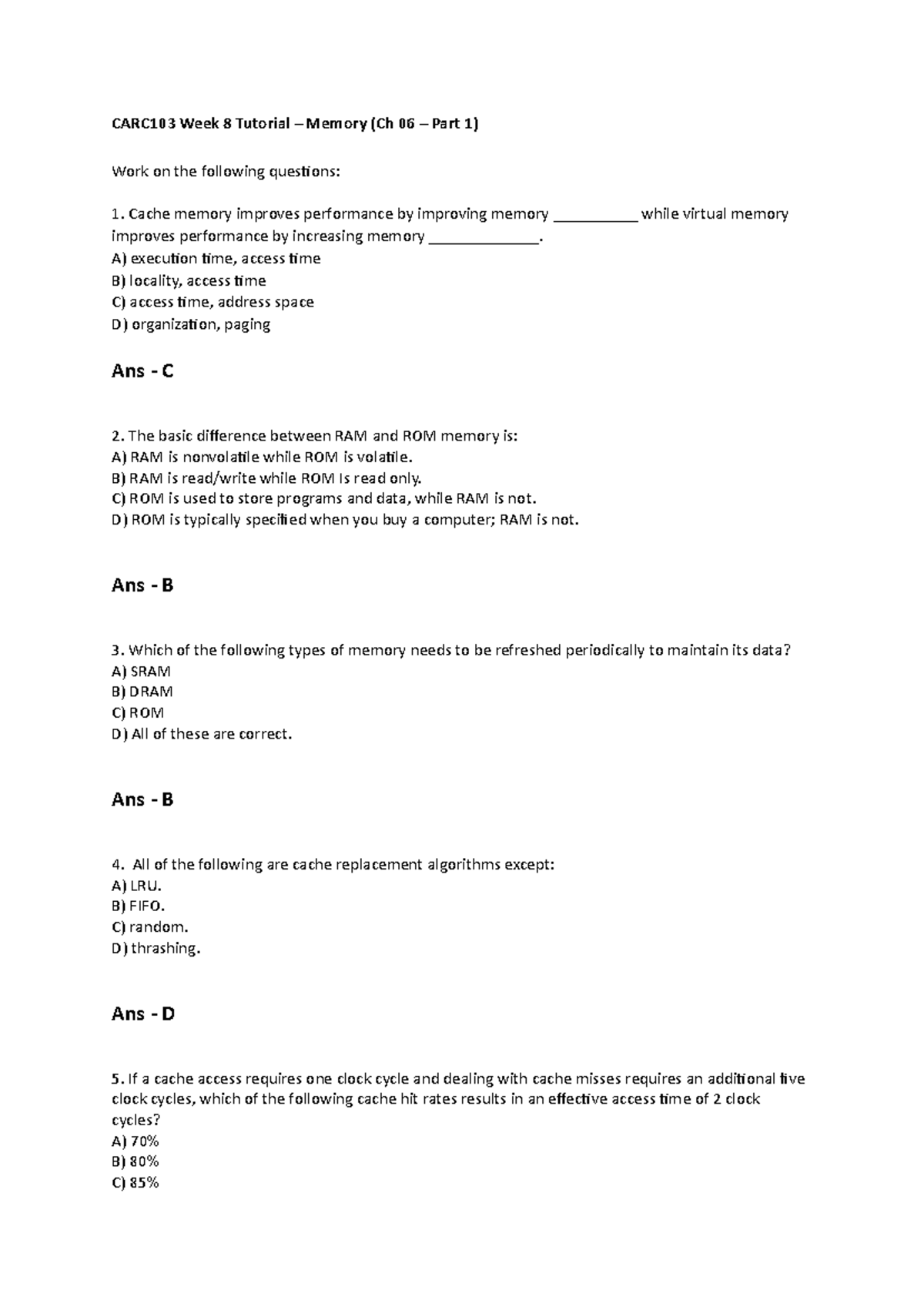 CA Week8 Tutorial (CH06 - part 1) - CARC103 Week 8 Tutorial – Memory (Ch 06 – Part 1) Work on ...