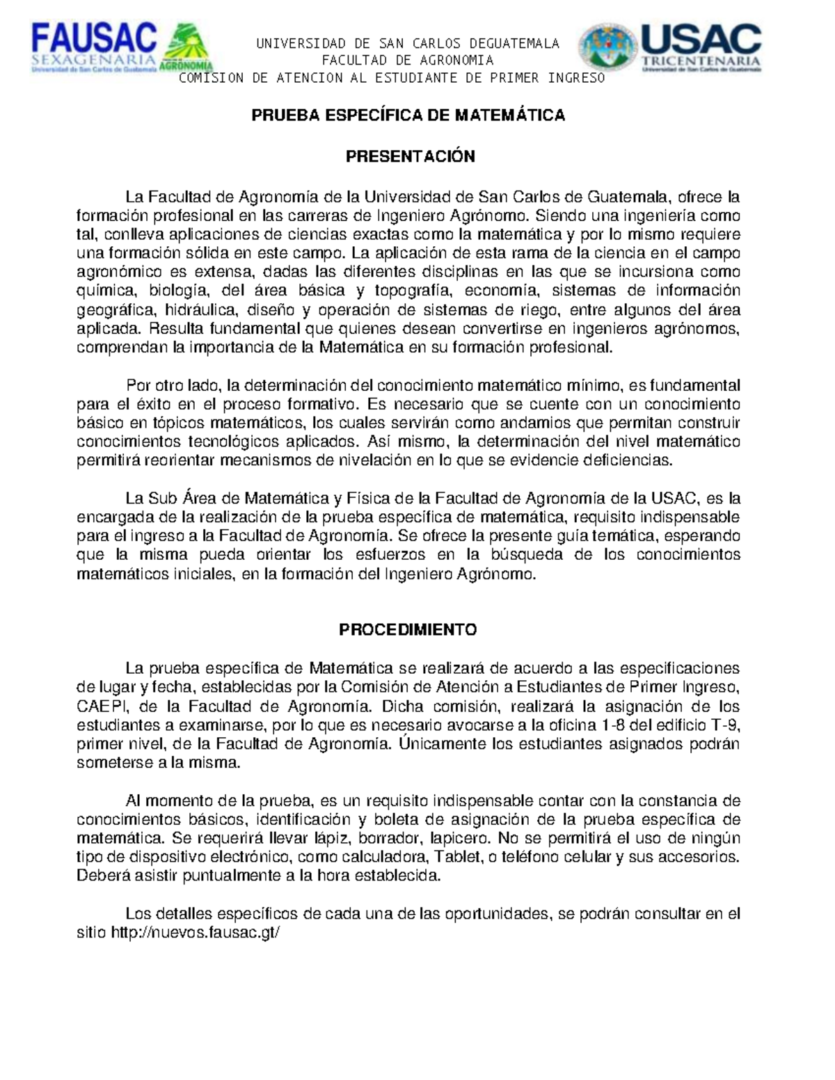 GUIA DE Estudio Prueba Especica DE Matematica Fausac - FACULTAD DE ...