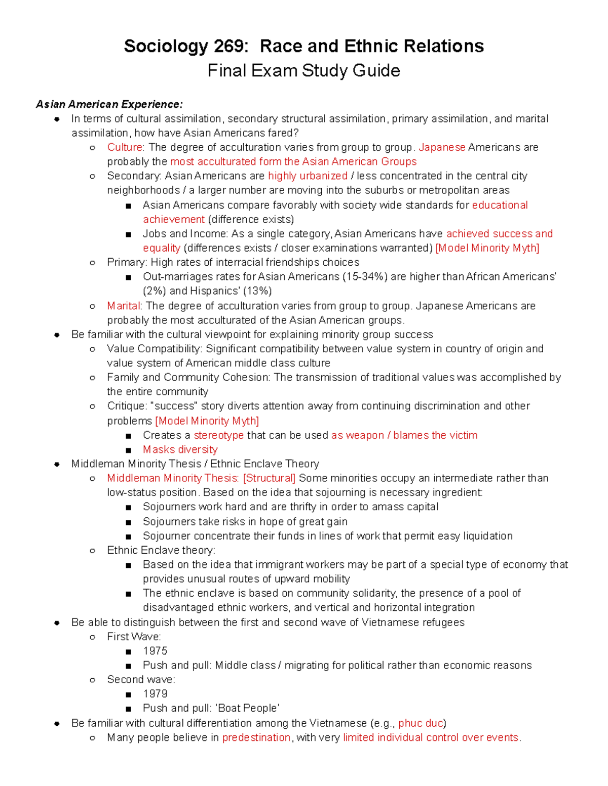Sociology 269 Race and Ethnic Relations Final - Japanese Americans are ...
