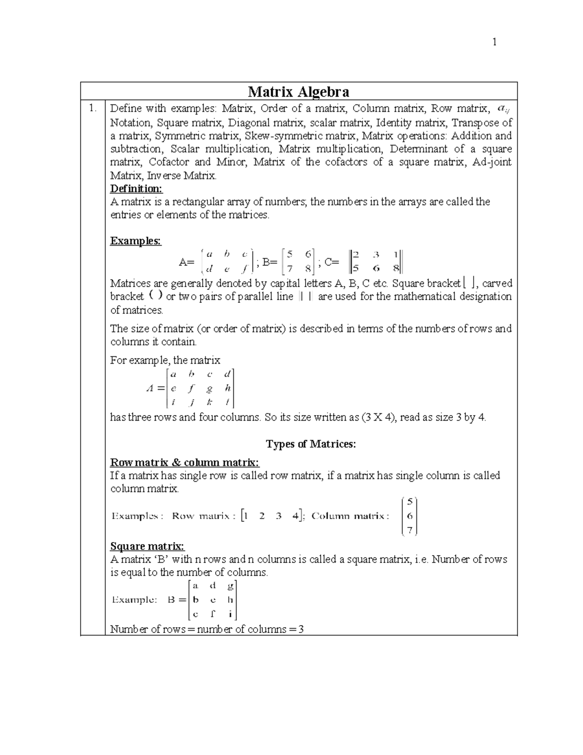 Qbsolution - Matrix Algebra Define with examples: Matrix, Order of a ...