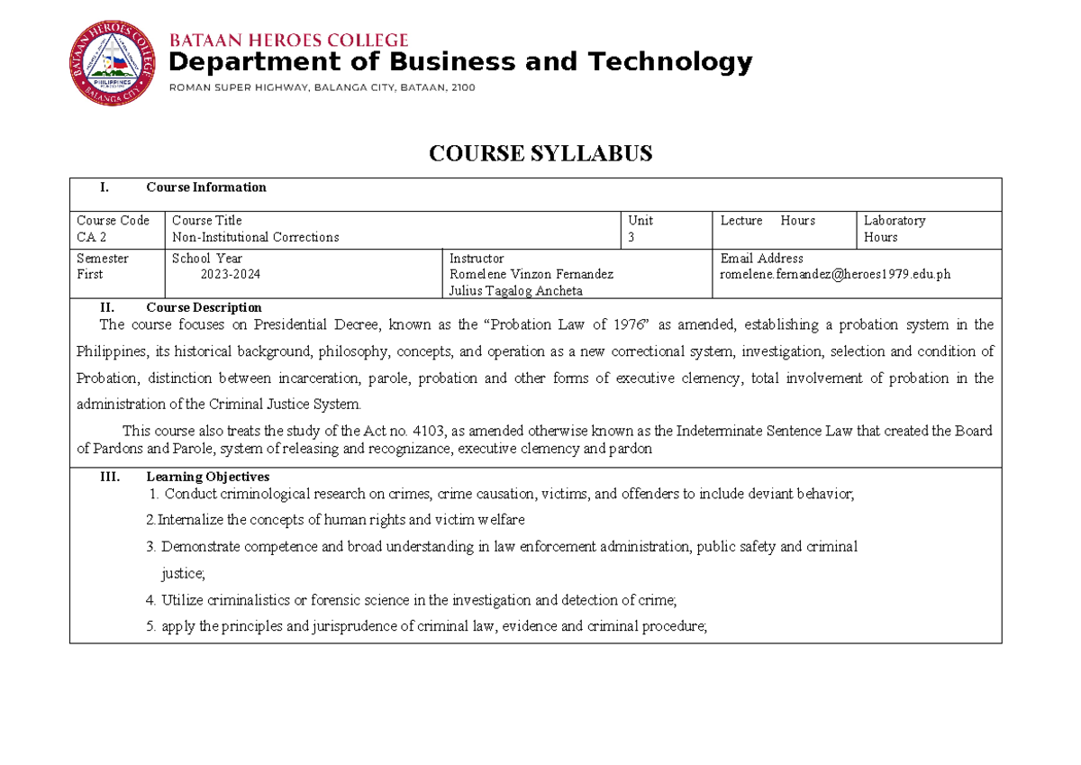CA 2- NEW Syllabi - nana - Department of Business and Technology COURSE ...