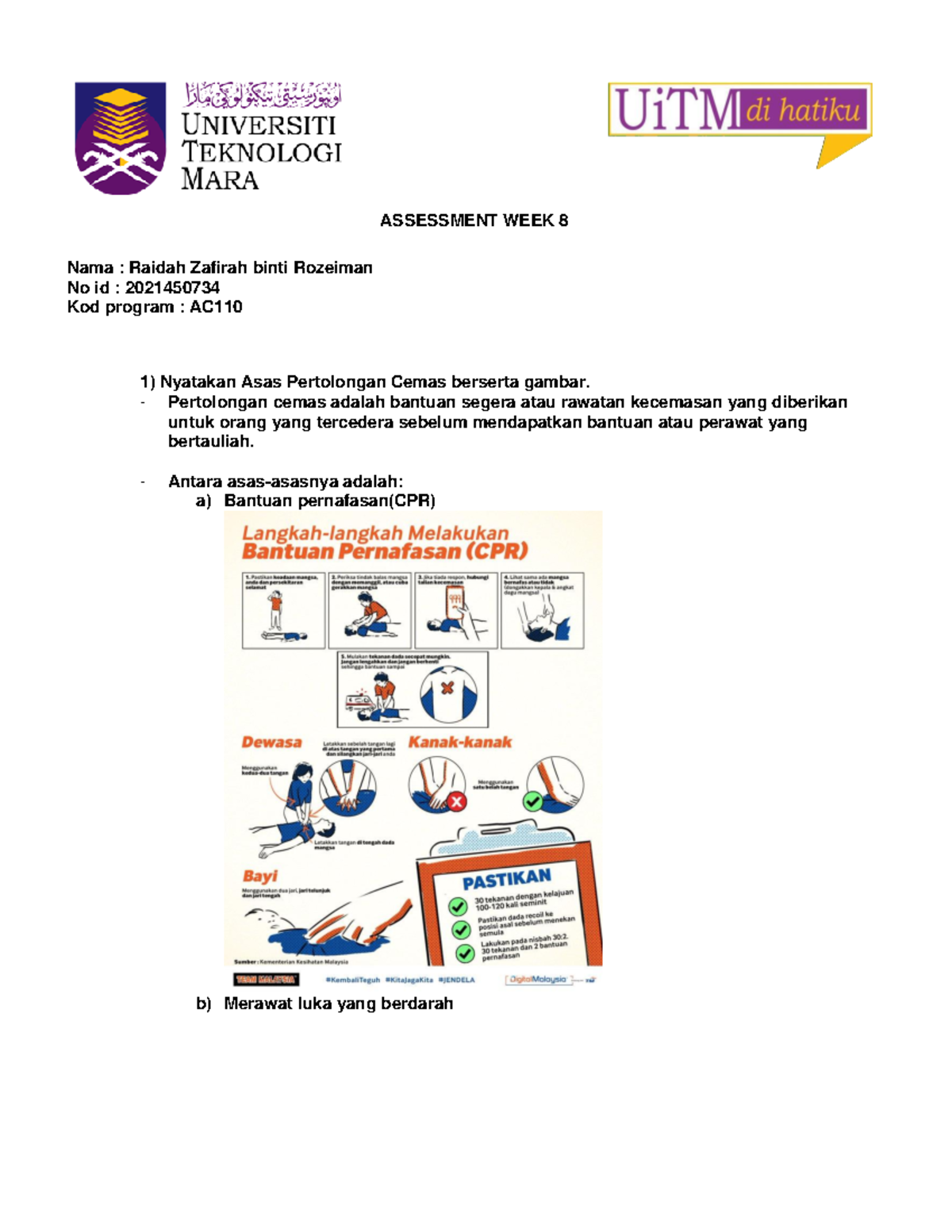 assessment hbu11 week 8 pertolongan kecemasan - ASSESSMENT WEEK 8 Nama ...