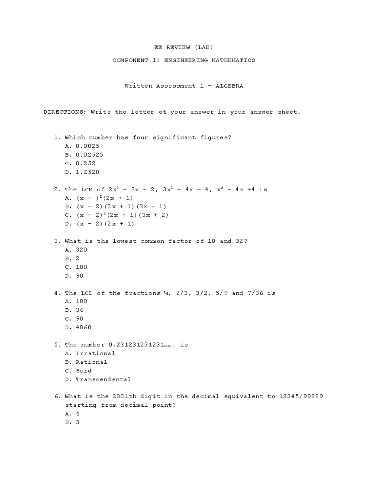 Written Assessment 1 - Algebra - EE REVIEW (LAB) COMPONENT 1 ...