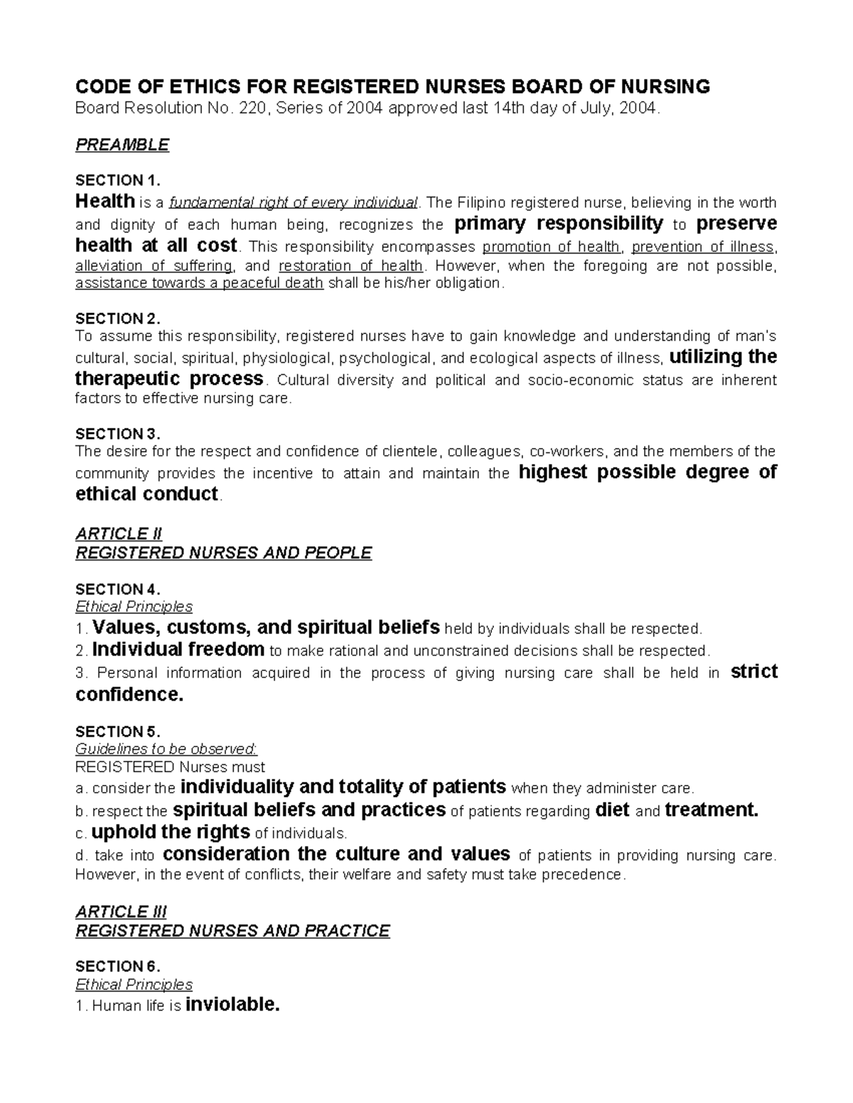 CODE OF Ethics FOR Registered Nurses Board OF Nursing copy - CODE OF ...