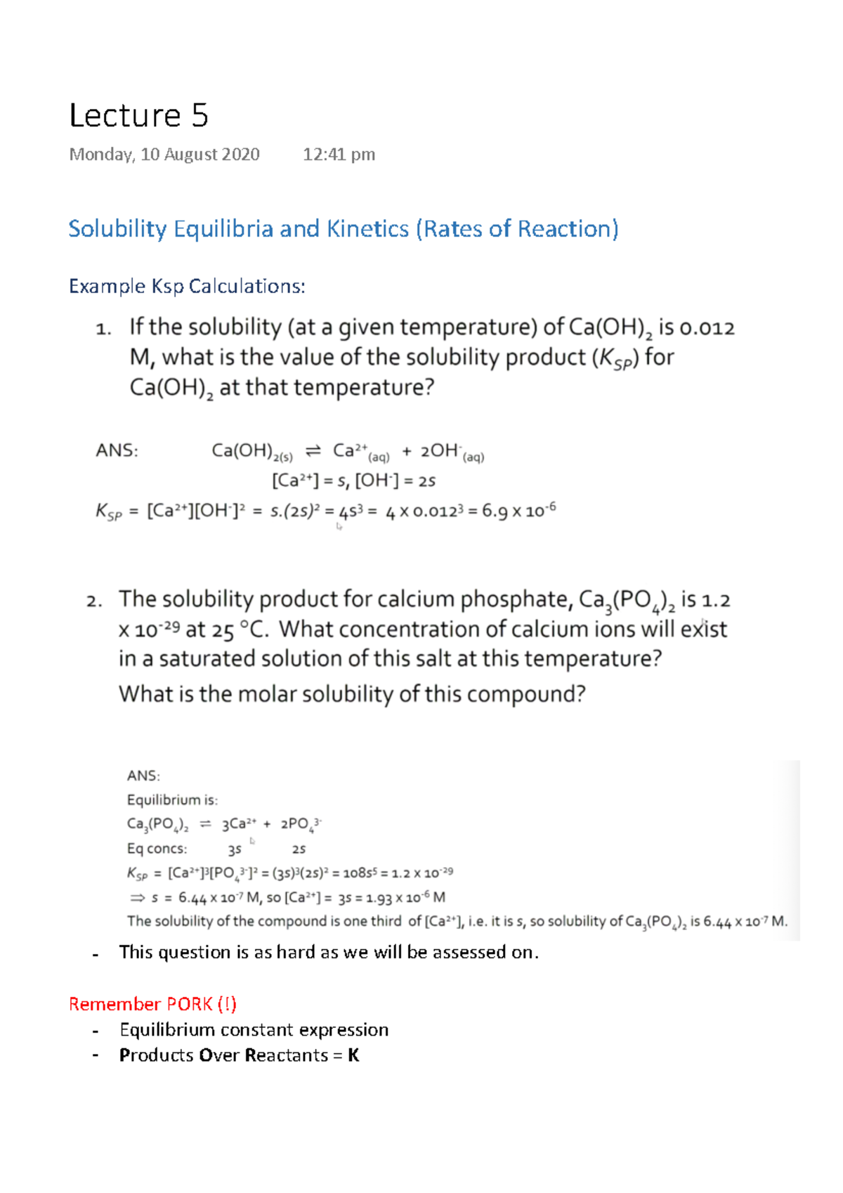 Lecture 5 - Solubility Equilibria and Kinetics - Solubility Equilibria ...