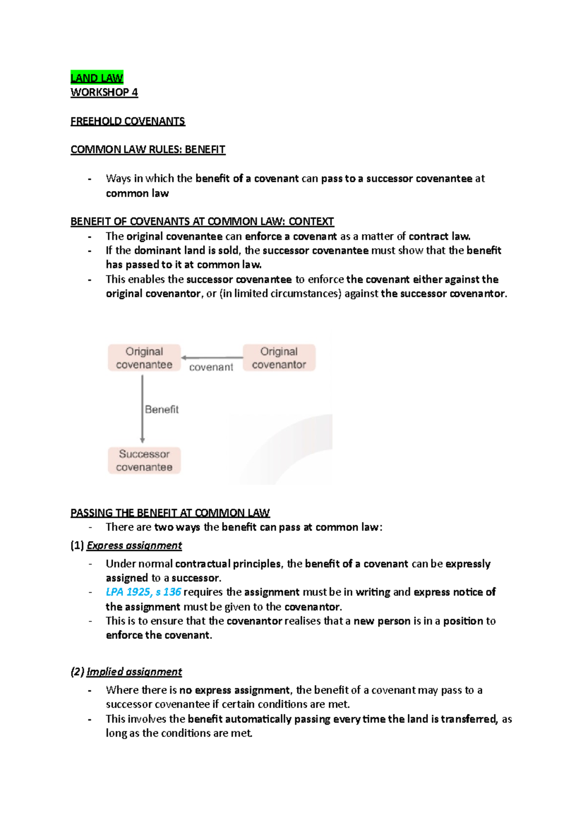 Common LAW Rules- Benefit - LAND LAW WORKSHOP 4 FREEHOLD COVENANTS ...