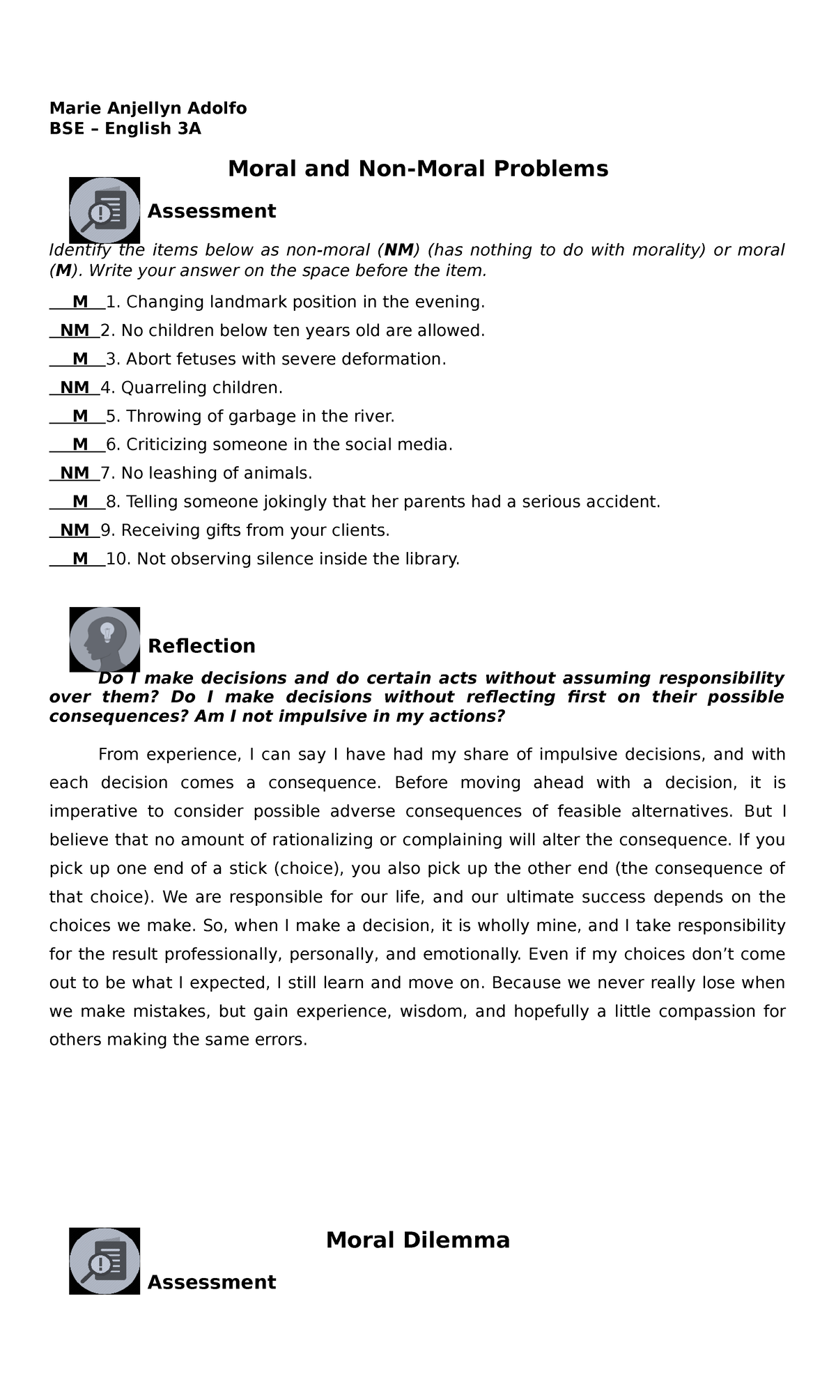 Gec 106 Ethics Assignment Marie Anjellyn Adolfo Bse English 3a