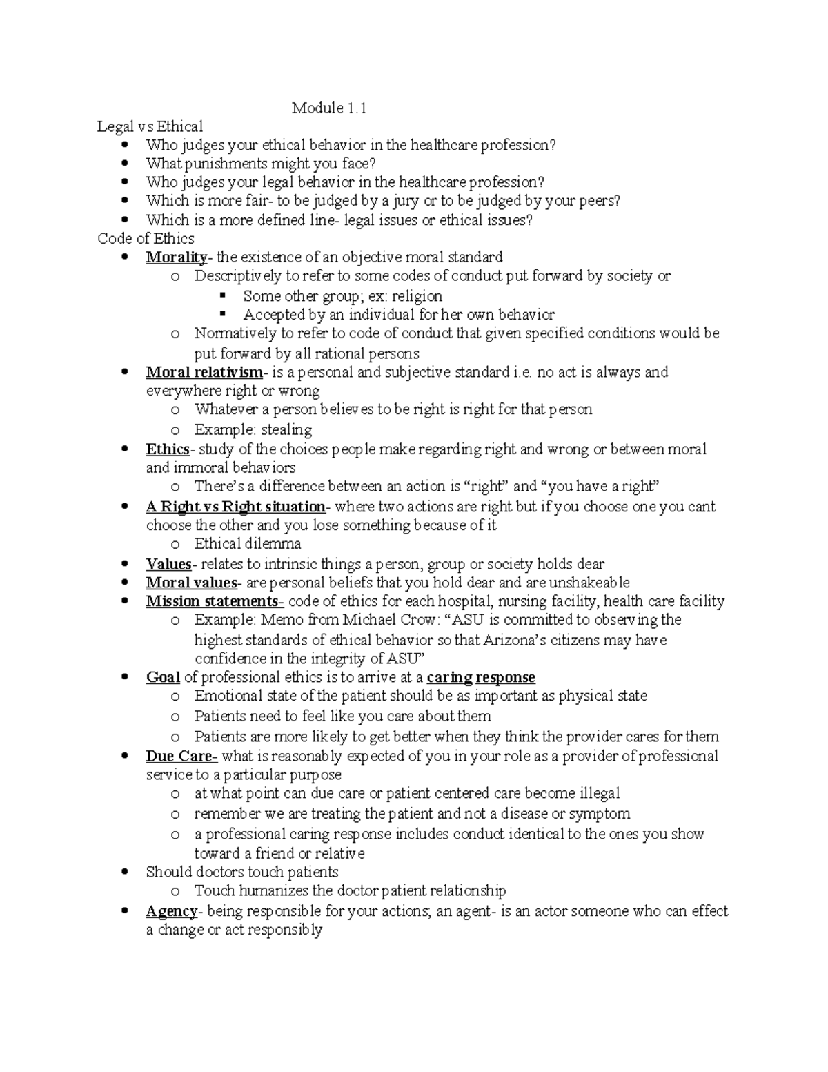 HCD432-Legal Issues in Health Care- Notes - Module 1 Legal vs Ethical ...