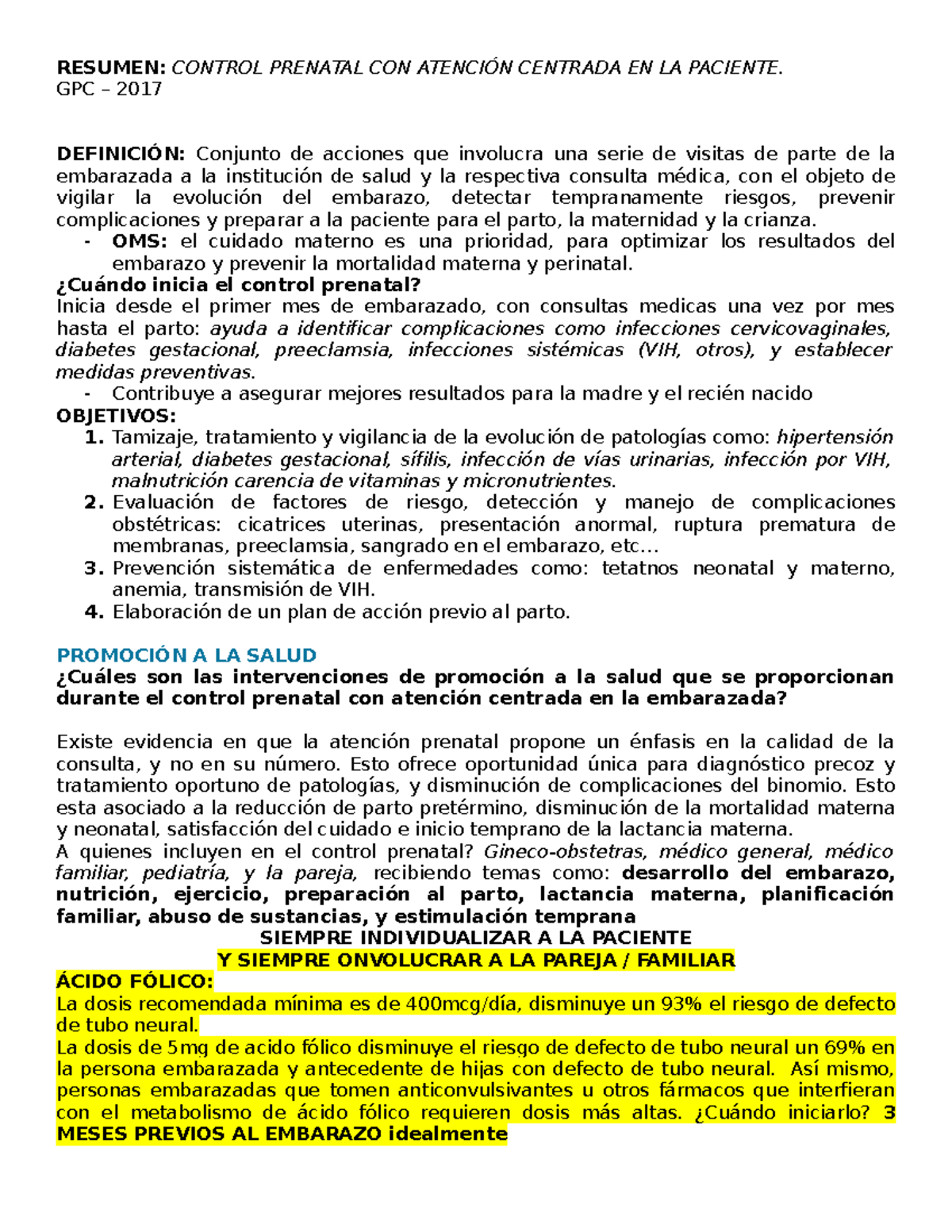 GPC Control Prenatal - RESUMEN: CONTROL PRENATAL CON ATENCIÓN CENTRADA ...