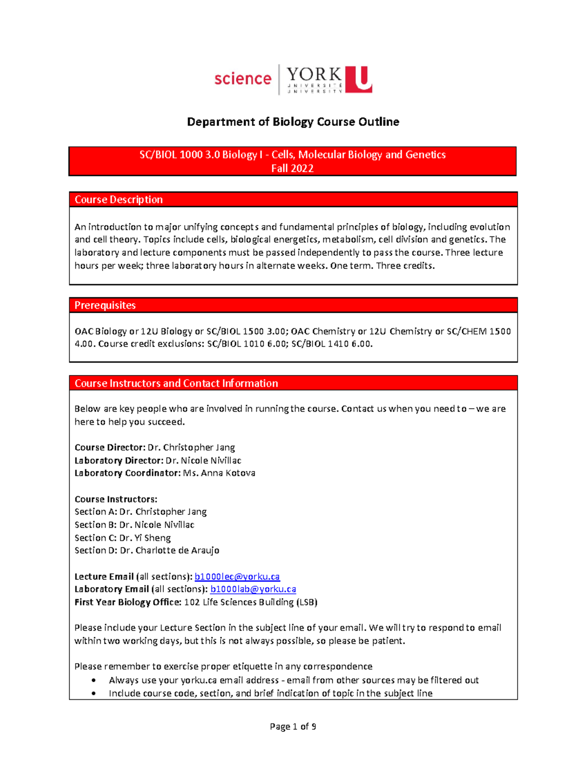 BIOL 1000 Fall 2022 Course Outline - Department of Biology Course ...