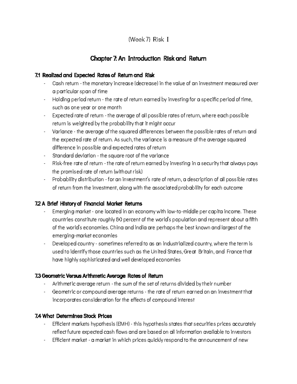 Risk One (Finance) - (Week 7) Risk I Chapter 7 : An Introduction Risk and Return 1 Realized and ...