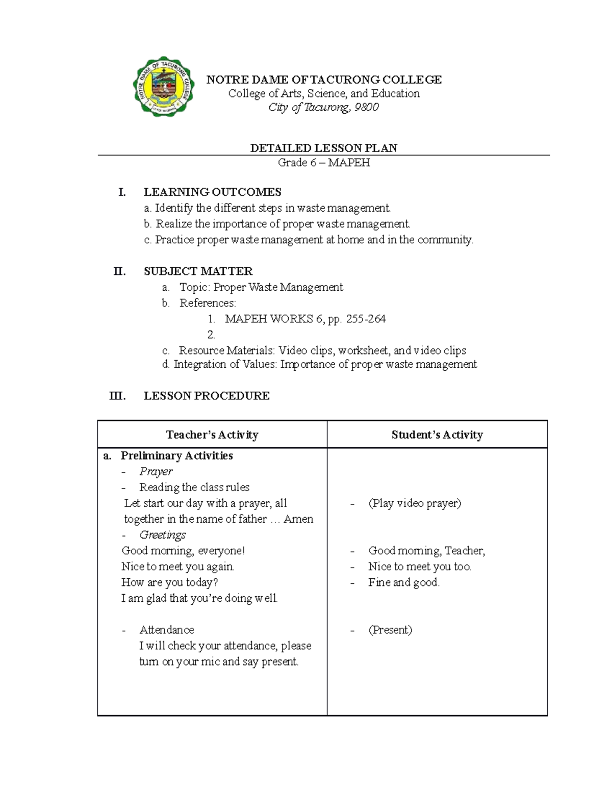 Detailed Lesson Plan Mapeh 6 Notre Dame Of Tacurong College – Lights ...