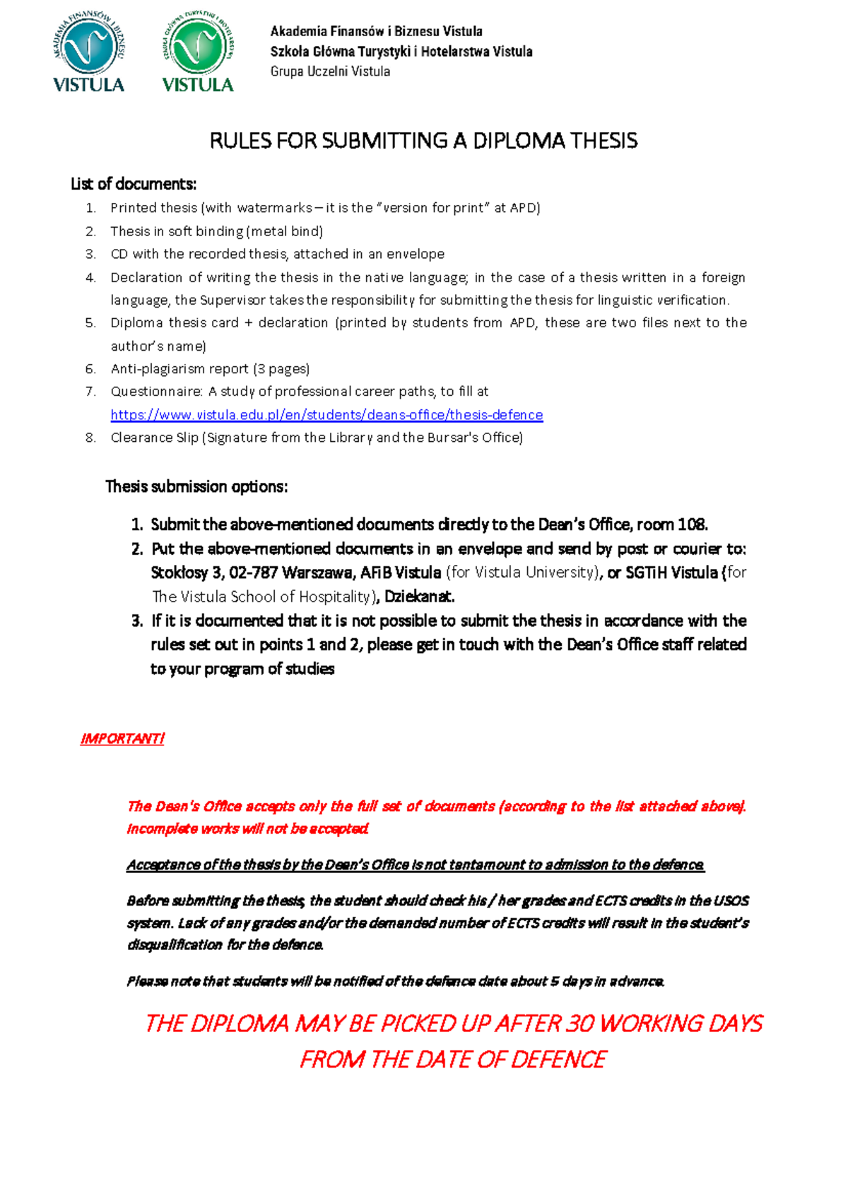 Rules for submitting a diploma thesis - RULES FOR SUBMITTING A DIPLOMA ...