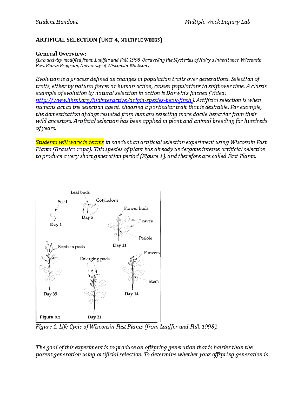 Artificial Selection Handout Student 2020 - ARTIFICAL SELECTION (UNIT 4 ...