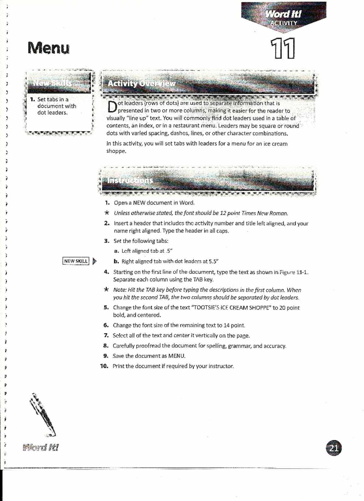 Word Activities 11 thru 20 - Menu 'iJ'iJ Set tabs in a document with ...