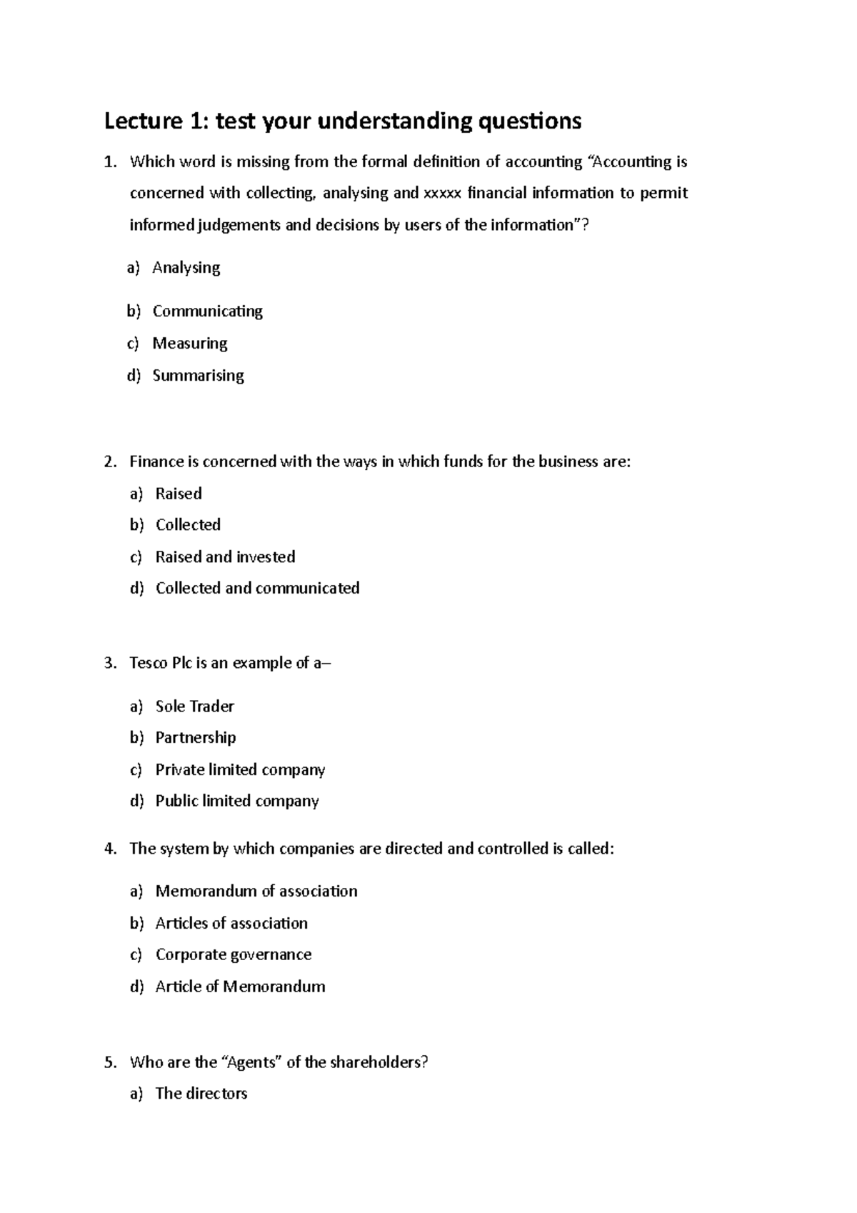 ALL TEST YOUR Understanding MCQs - Lecture 1: test your understanding ...