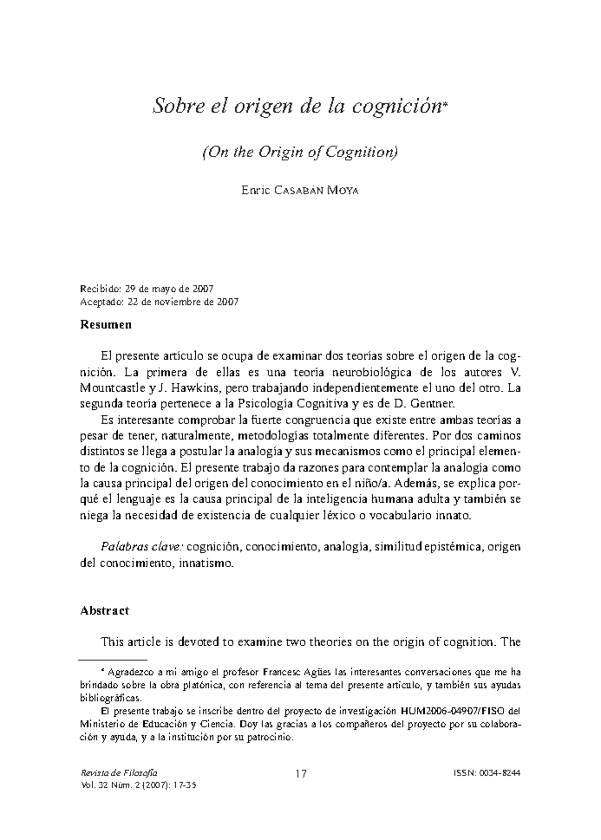 La cognicion - Resumen El presente artículo se ocupa de examinar dos ...