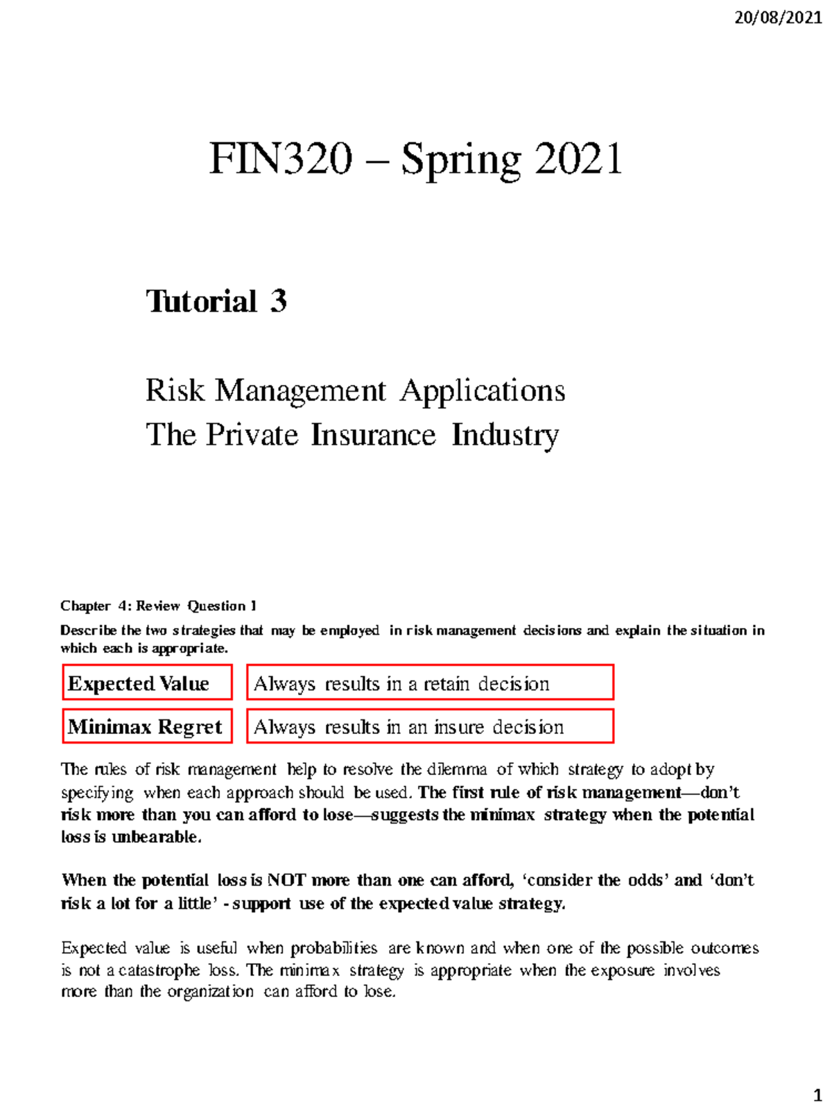 FIN320 WK4 Tutorial Solutions - FIN320 – Spring 2021 Tutorial 3 Risk ...